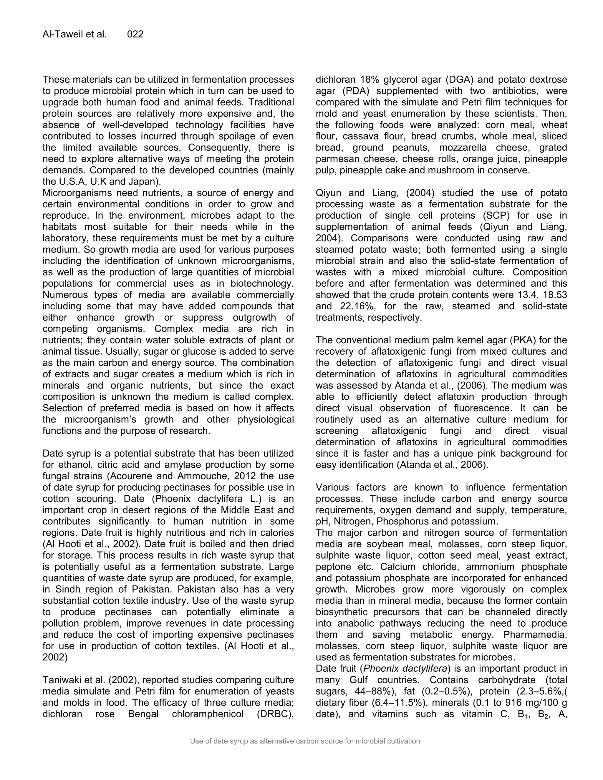 Use of date syrup as alternative carbon source for microbial ...