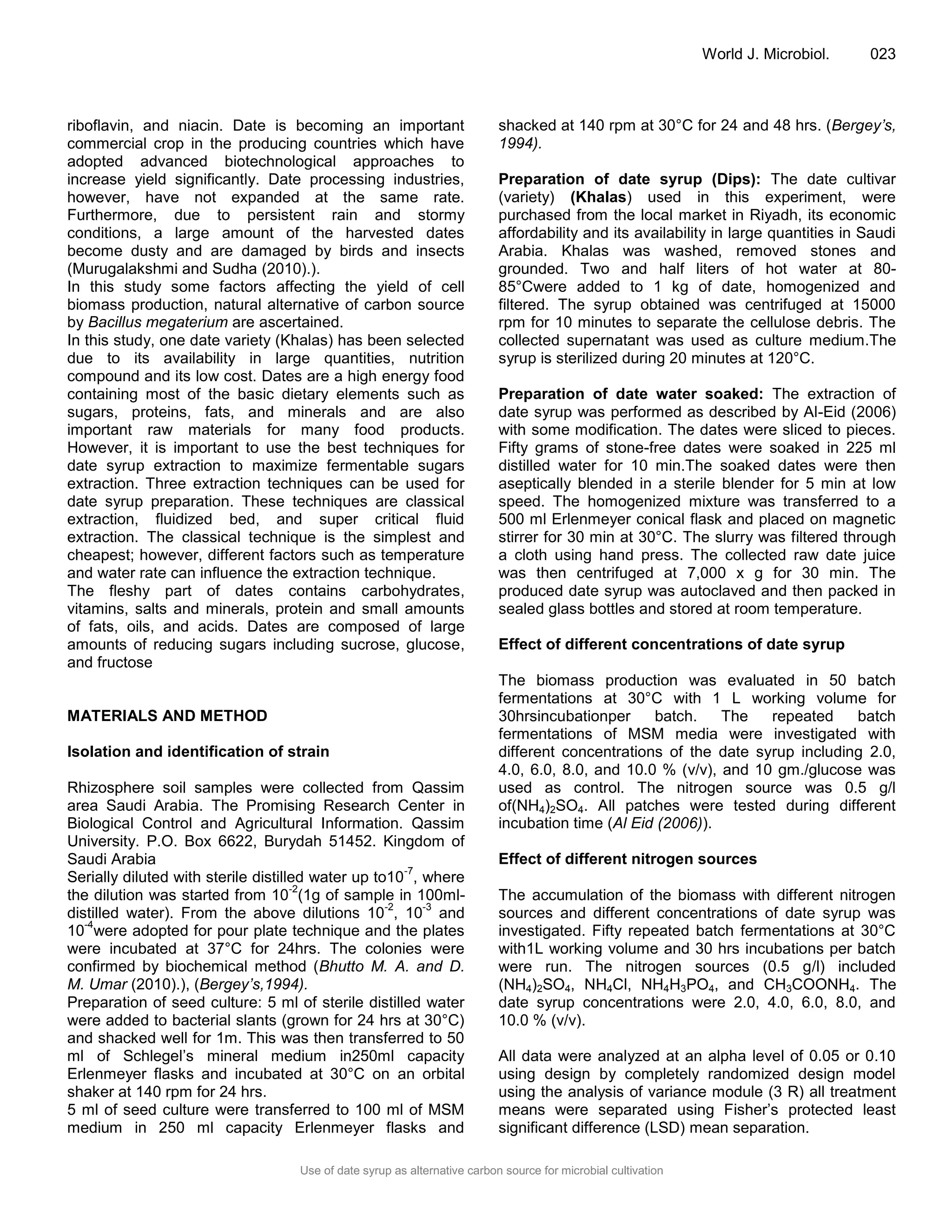 Use of date syrup as alternative carbon source for microbial ...