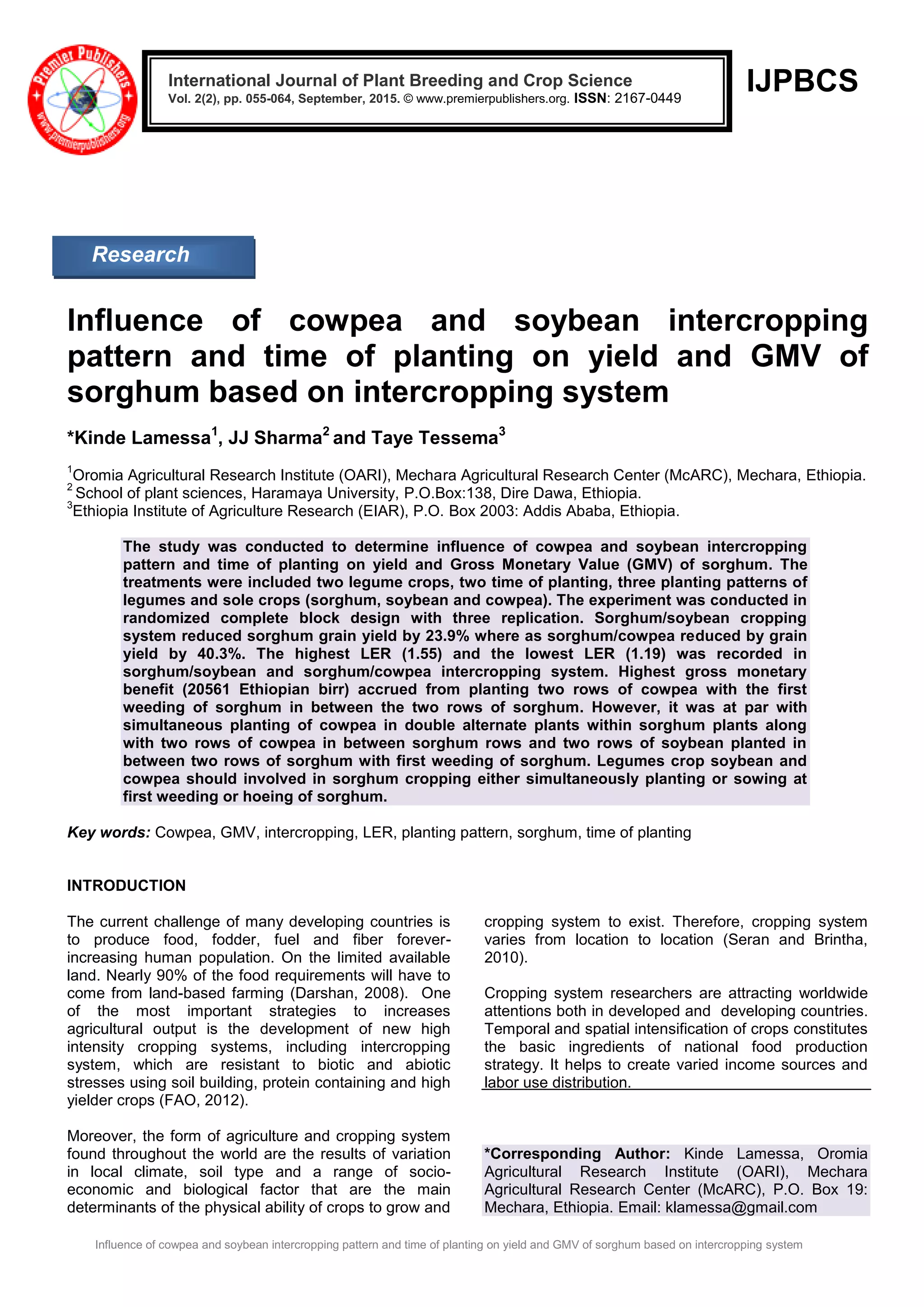 Influence of cowpea and soybean intercropping pattern and time of ...
