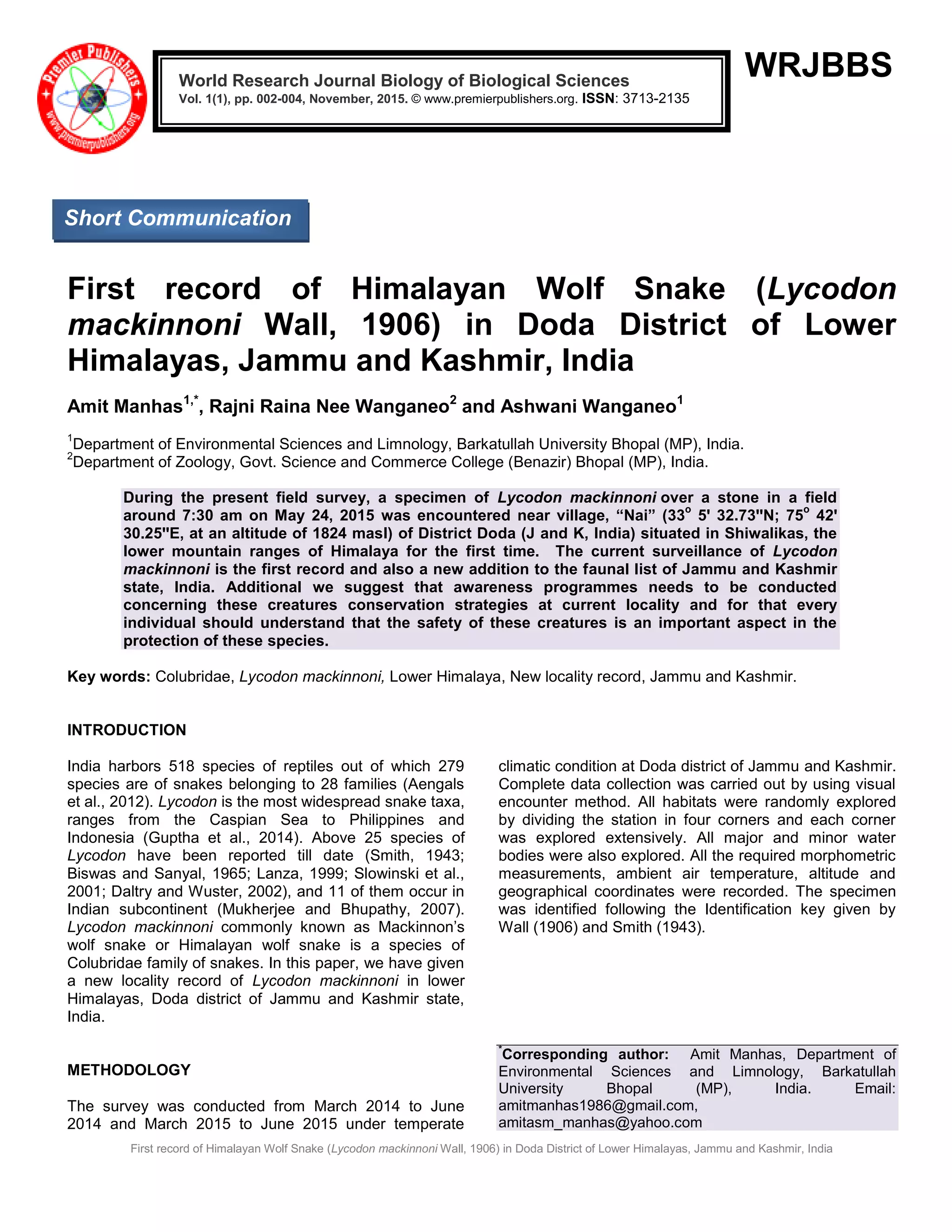 First record of Himalayan Wolf Snake (Lycodon mackinnoni Wall, 1906) in ...