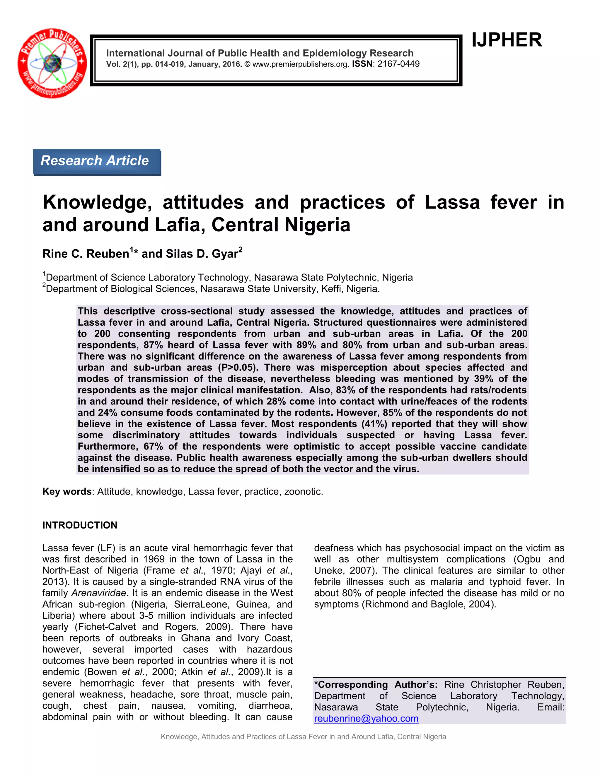 Knowledge, attitudes and practices of Lassa fever in and around Lafia ...