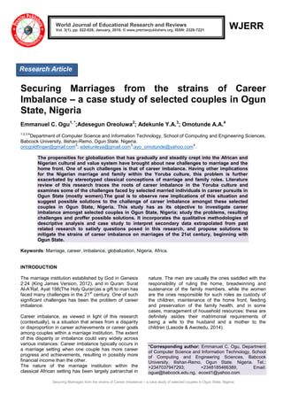 Securing Marriages from the strains of Career Imbalance – a case study of selected couples in ...