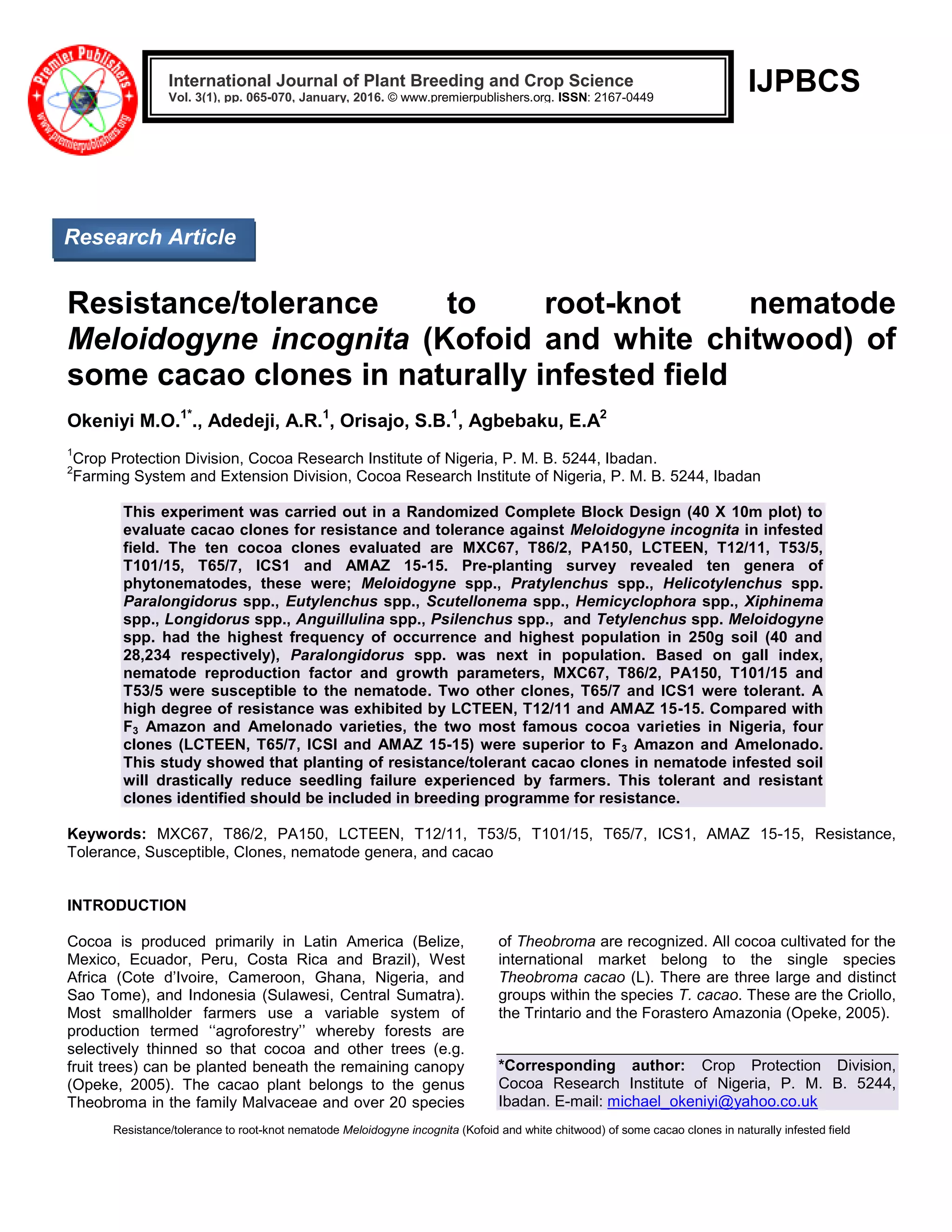 Resistance/tolerance to root-knot nematode Meloidogyne incognita ...