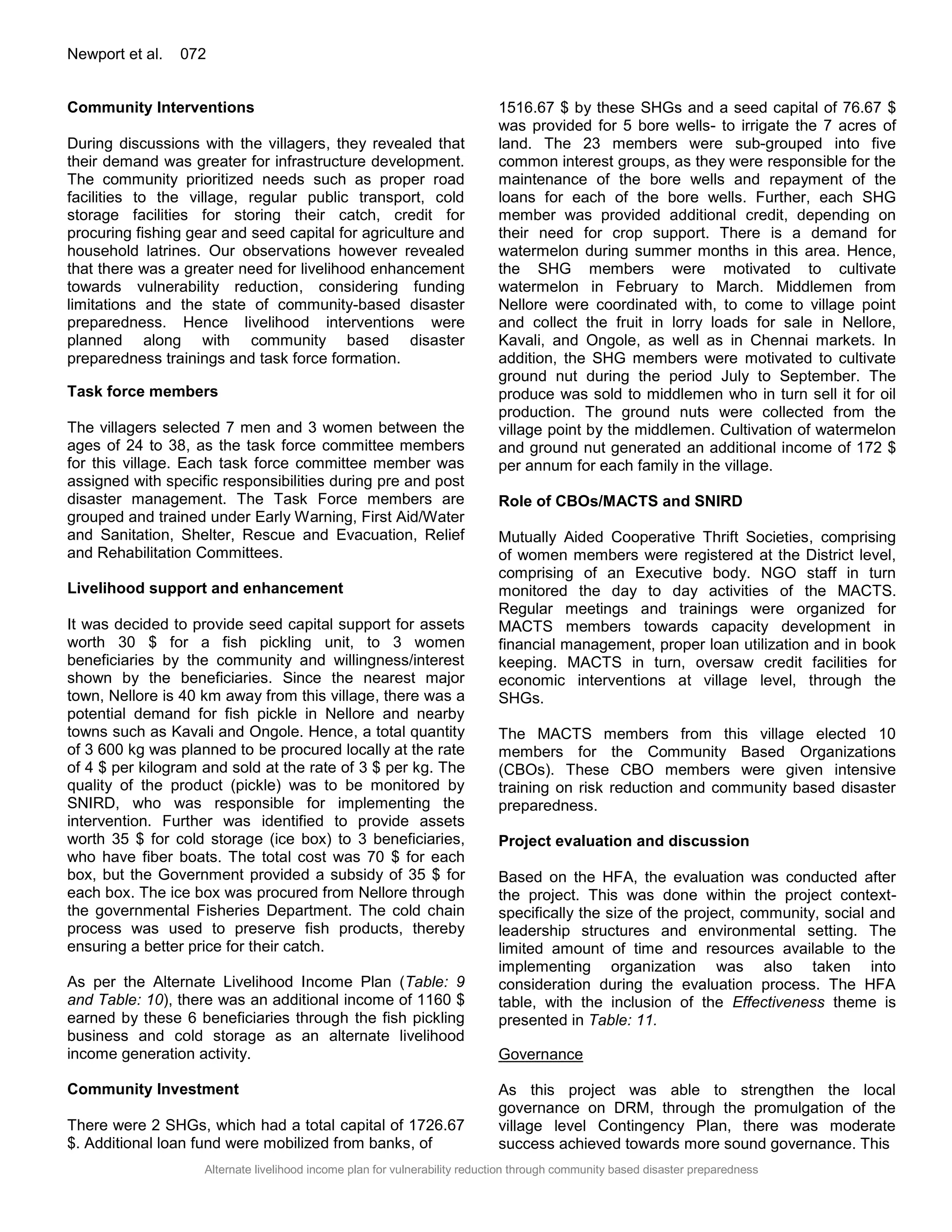 Alternate livelihood income plan for vulnerability reduction through community based disaster ...