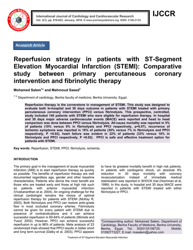 Reperfusion strategy in patients with ST-Segment Elevation Myocardial Infarction (STEMI ...