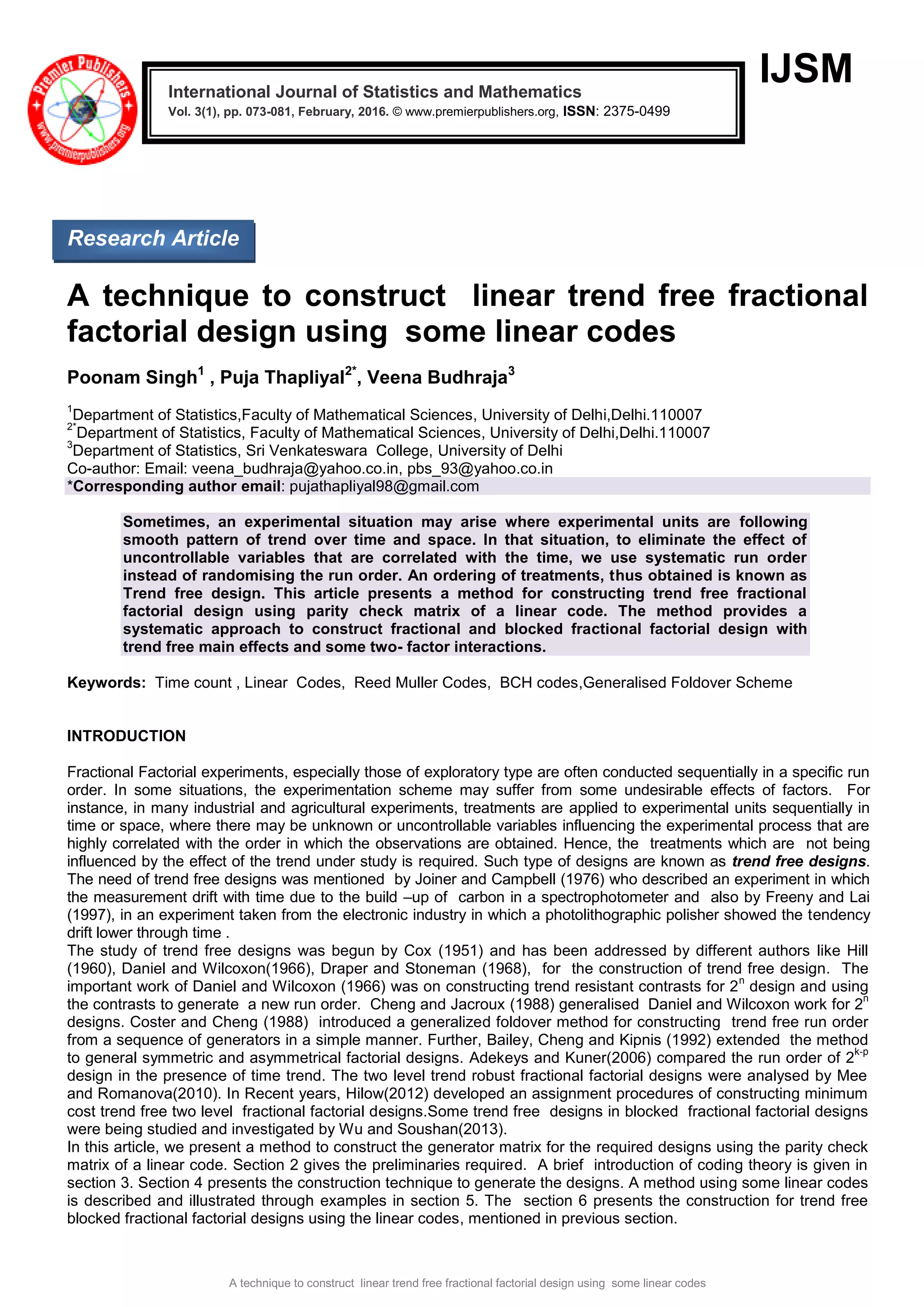 A technique to construct linear trend free fractional factorial design using some linear codes | PDF