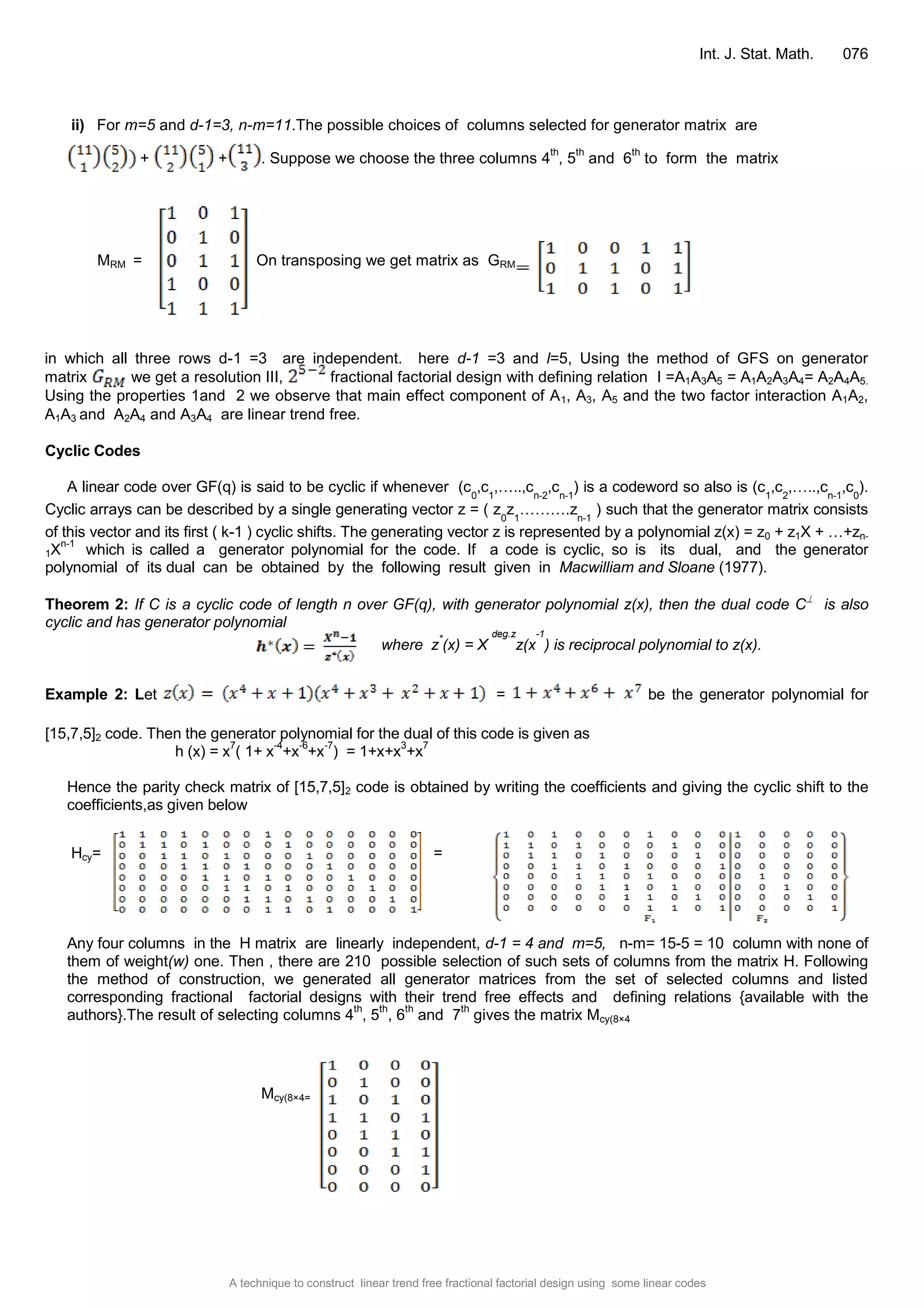 A technique to construct linear trend free fractional factorial design using some linear codes | PDF