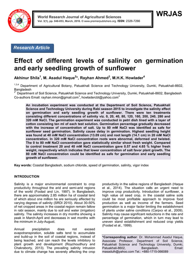 Effect Of Different Levels Of Salinity On Germination And Early