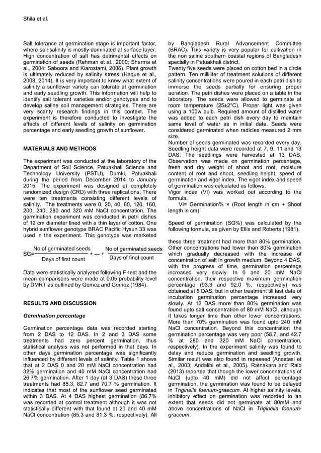 Effect Of Different Levels Of Salinity On Germination And Early