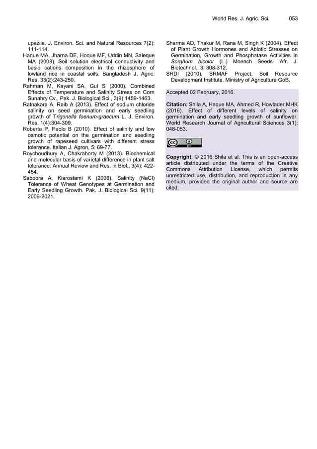 Effect Of Different Levels Of Salinity On Germination And Early