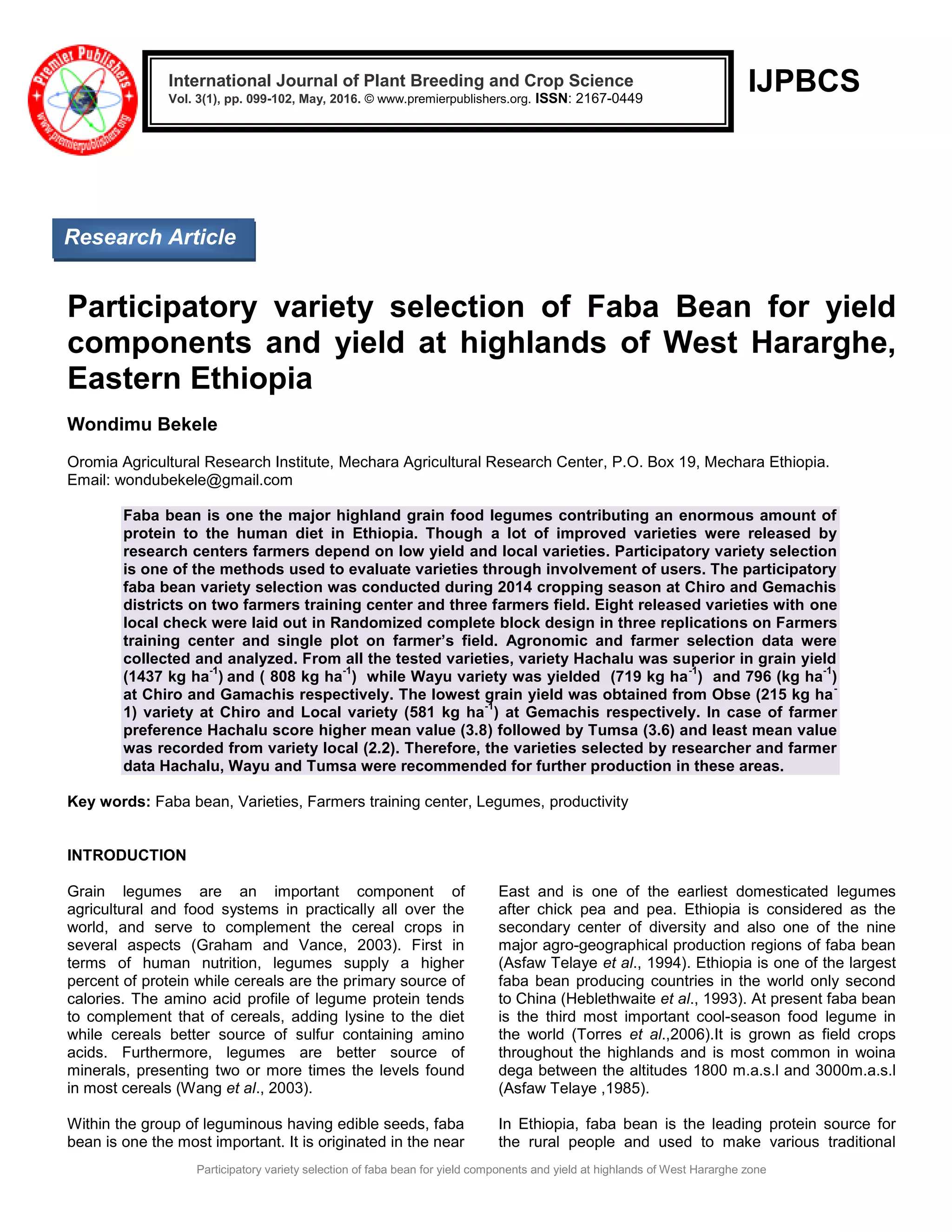 Participatory variety selection of Faba Bean for yield components and yield at highlands of West ...