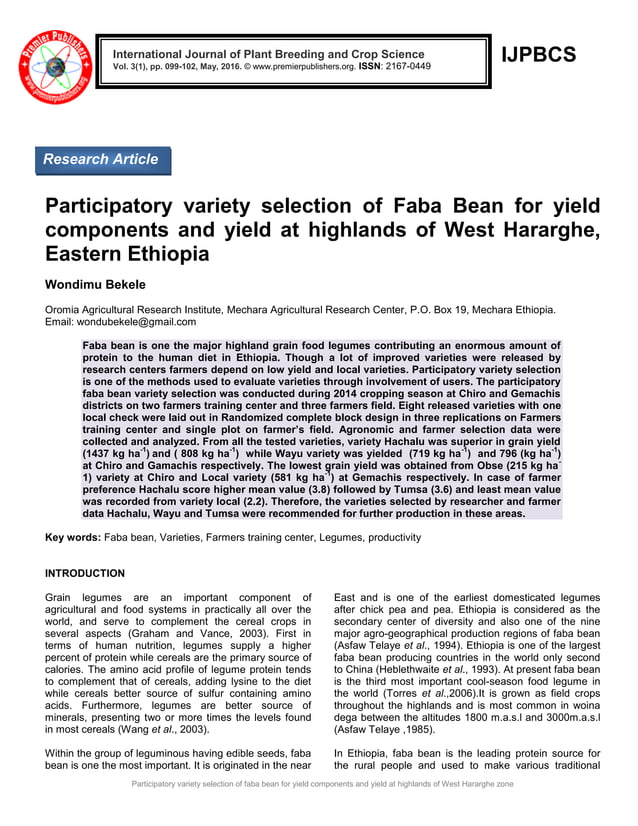 Participatory variety selection of Faba Bean for yield components and yield at highlands of West ...