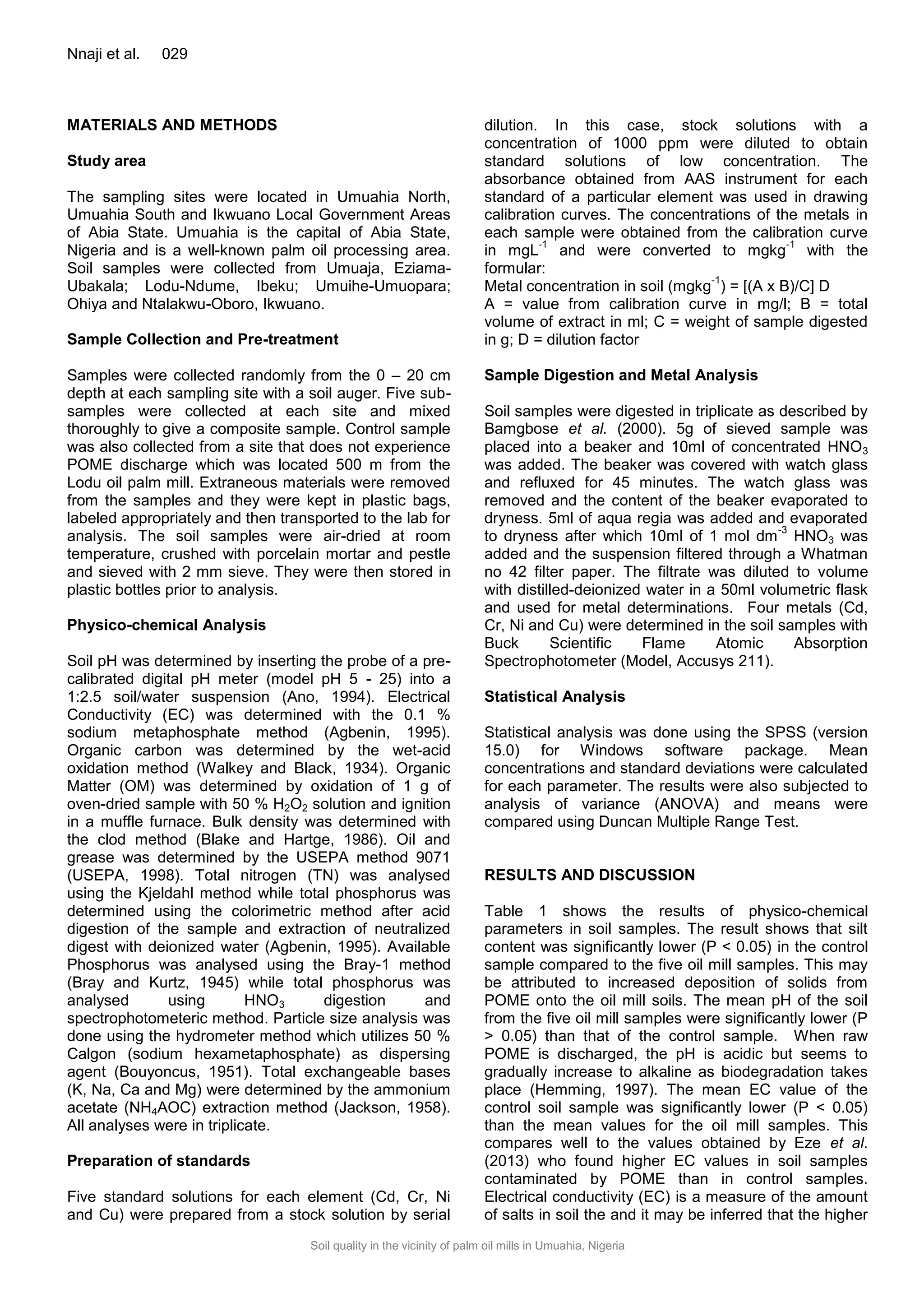 Soil quality in the vicinity of palm oil mills in Umuahia, Nigeria | PDF