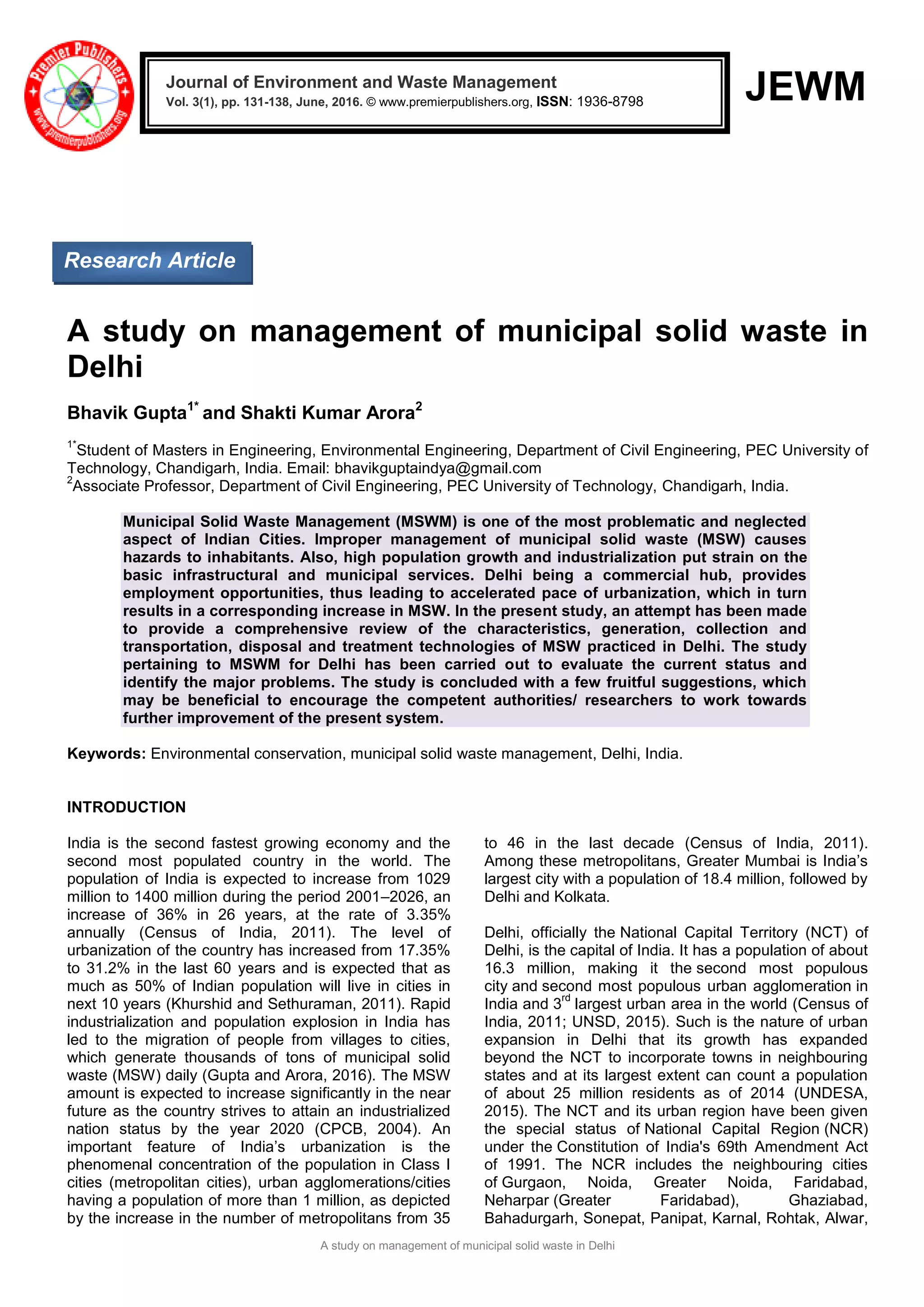 A study on management of municipal solid waste in Delhi | PDF
