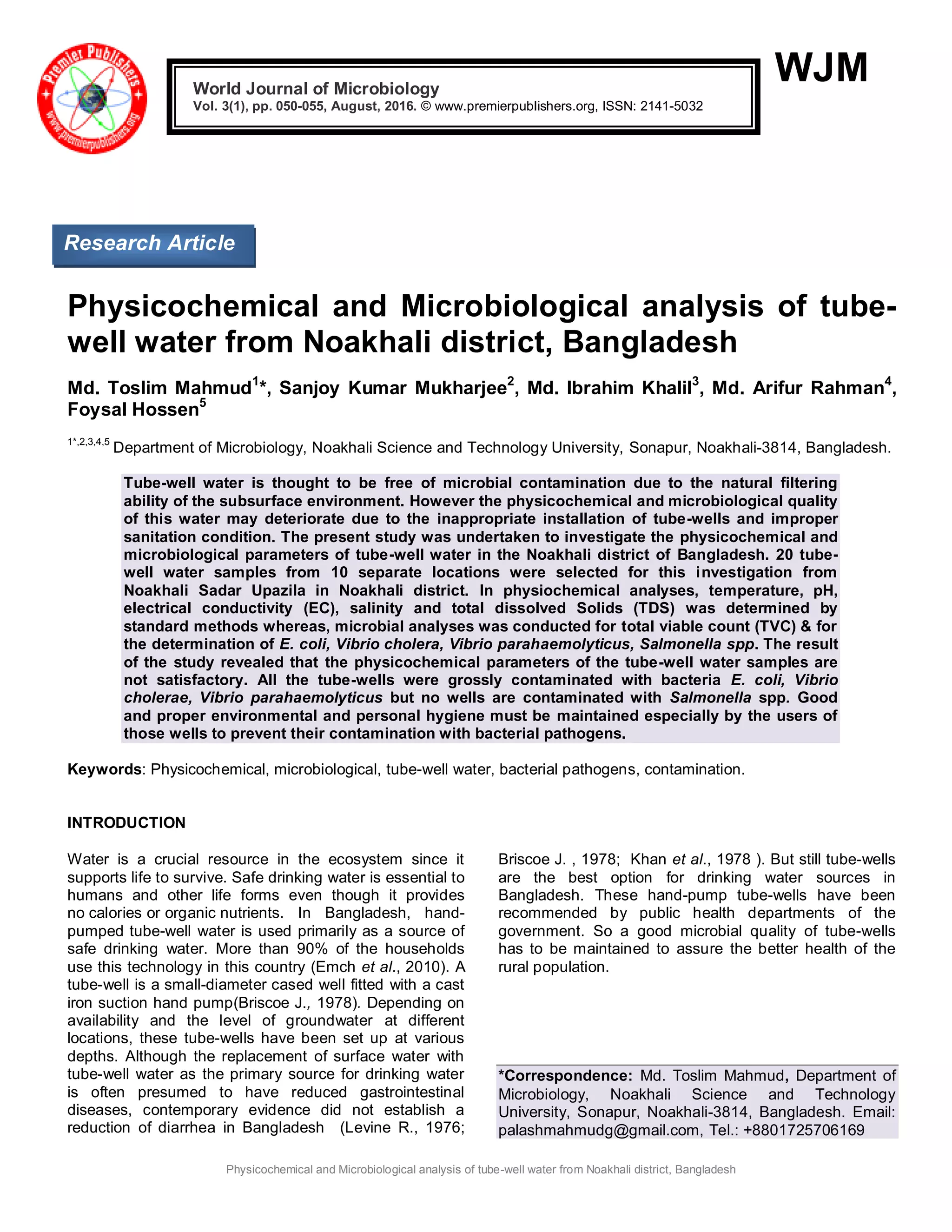 Physicochemical and Microbiological analysis of tube-well water from ...
