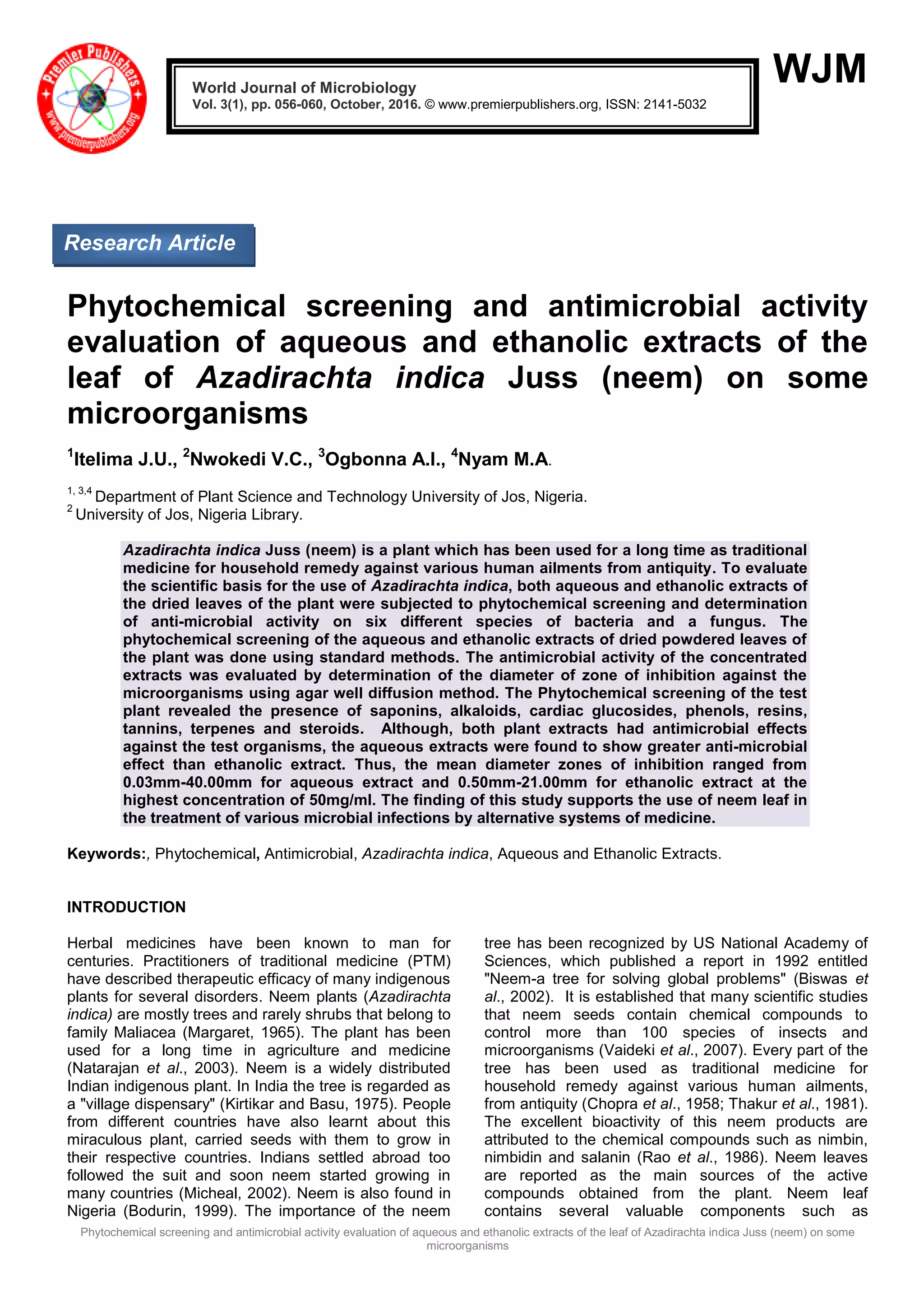 Phytochemical screening and antimicrobial activity evaluation of aqueous and ethanolic extracts ...