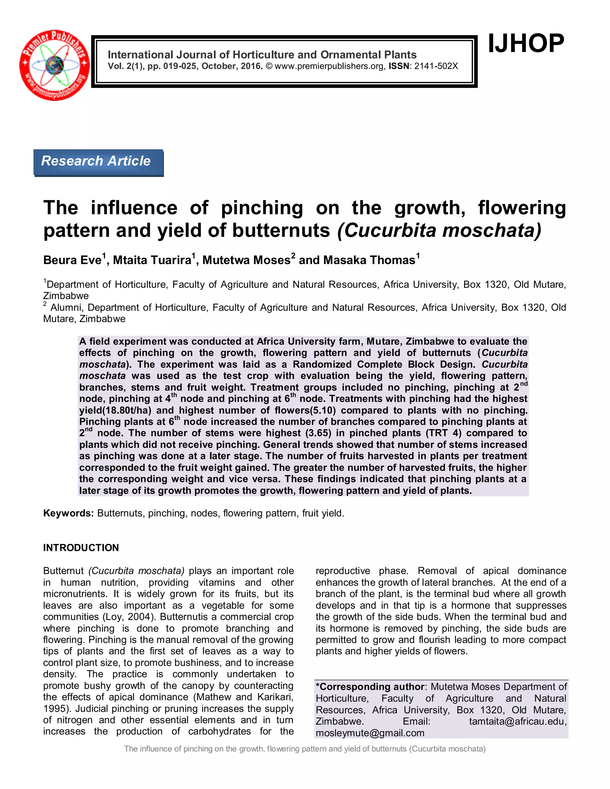 The influence of pinching on the growth, flowering pattern and yield of butternuts (Cucurbita ...