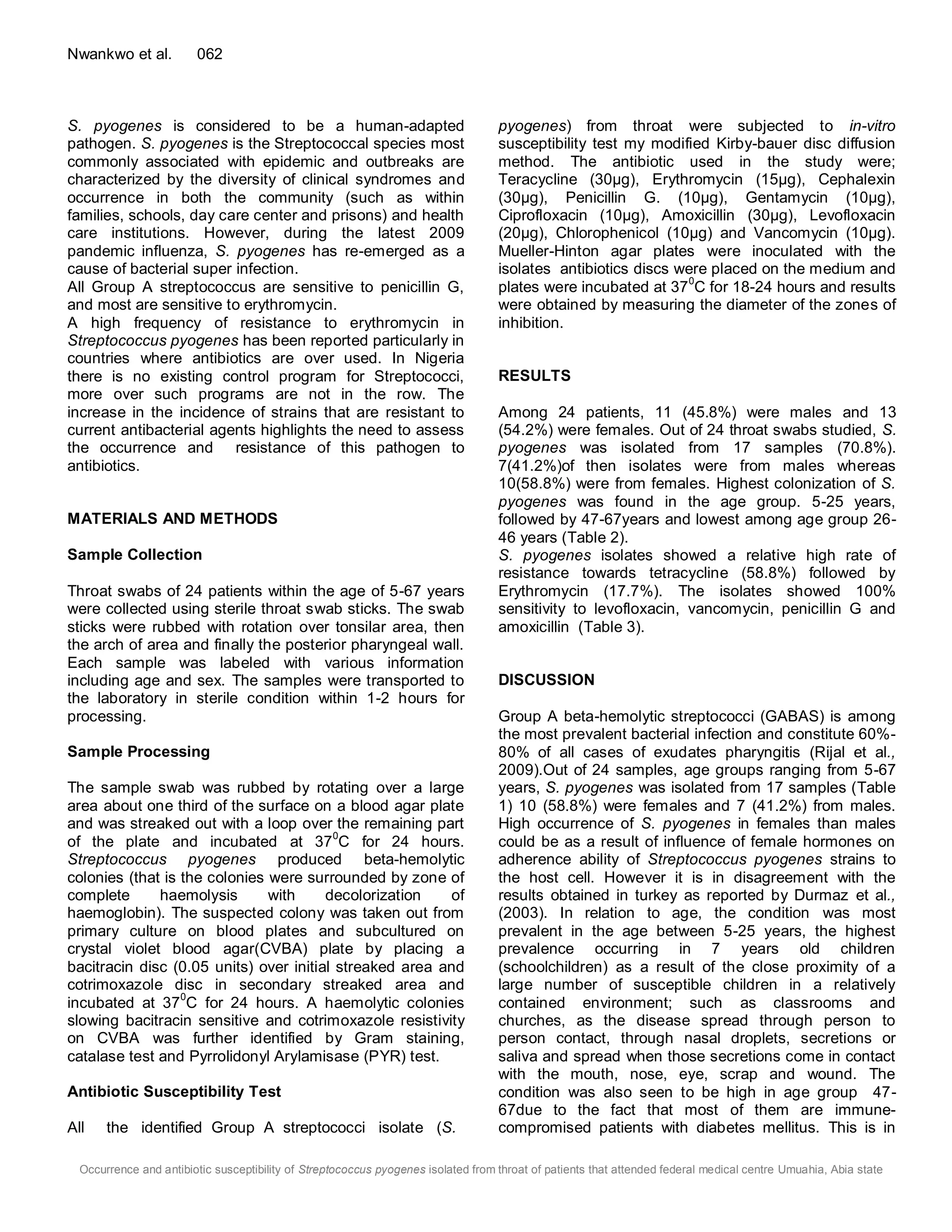 Occurrence and antibiotic susceptibility of Streptococcus pyogenes ...