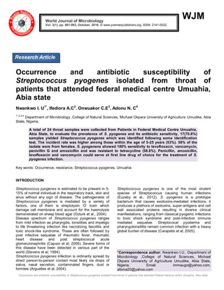 Occurrence and antibiotic susceptibility of Streptococcus pyogenes ...