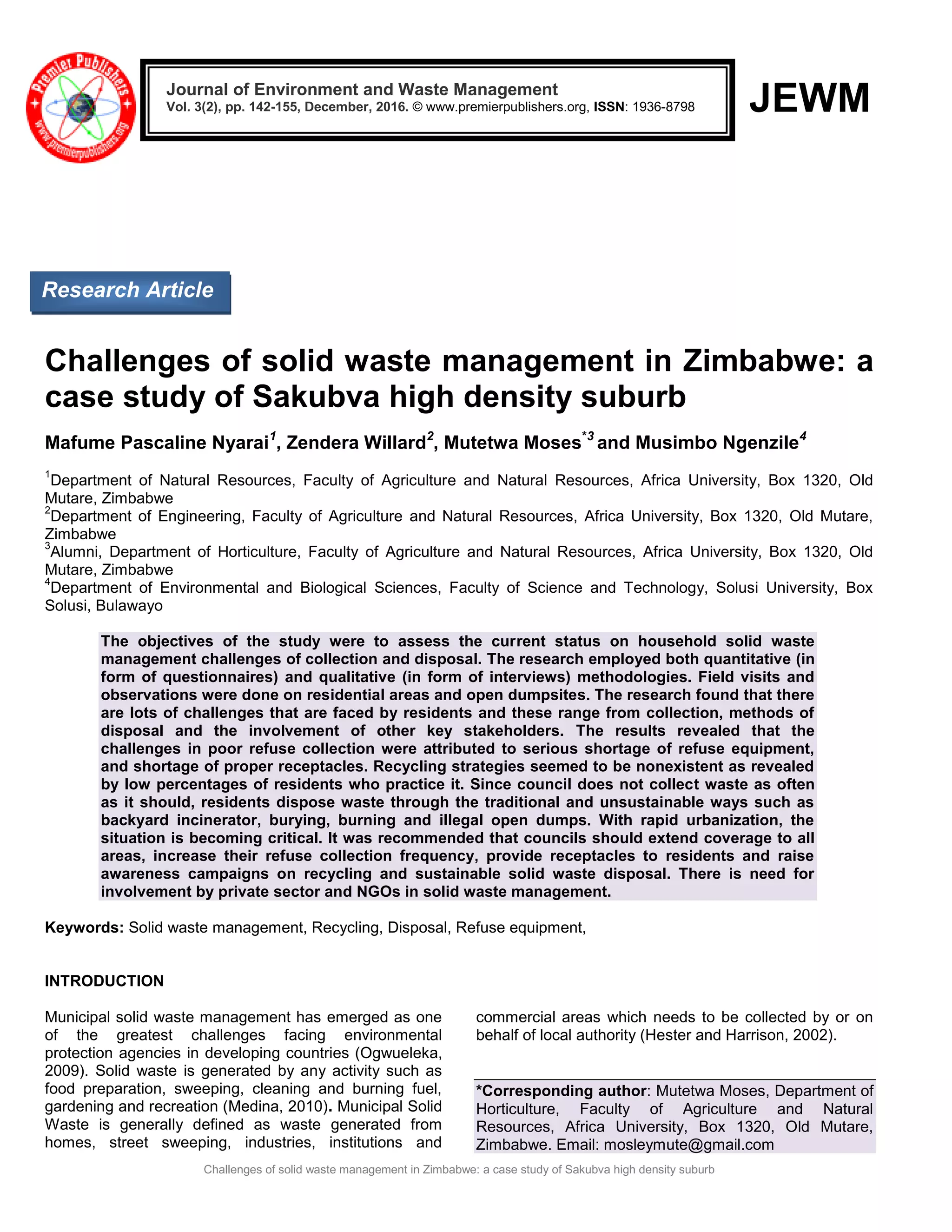 Challenges of solid waste management in Zimbabwe: a case study of ...