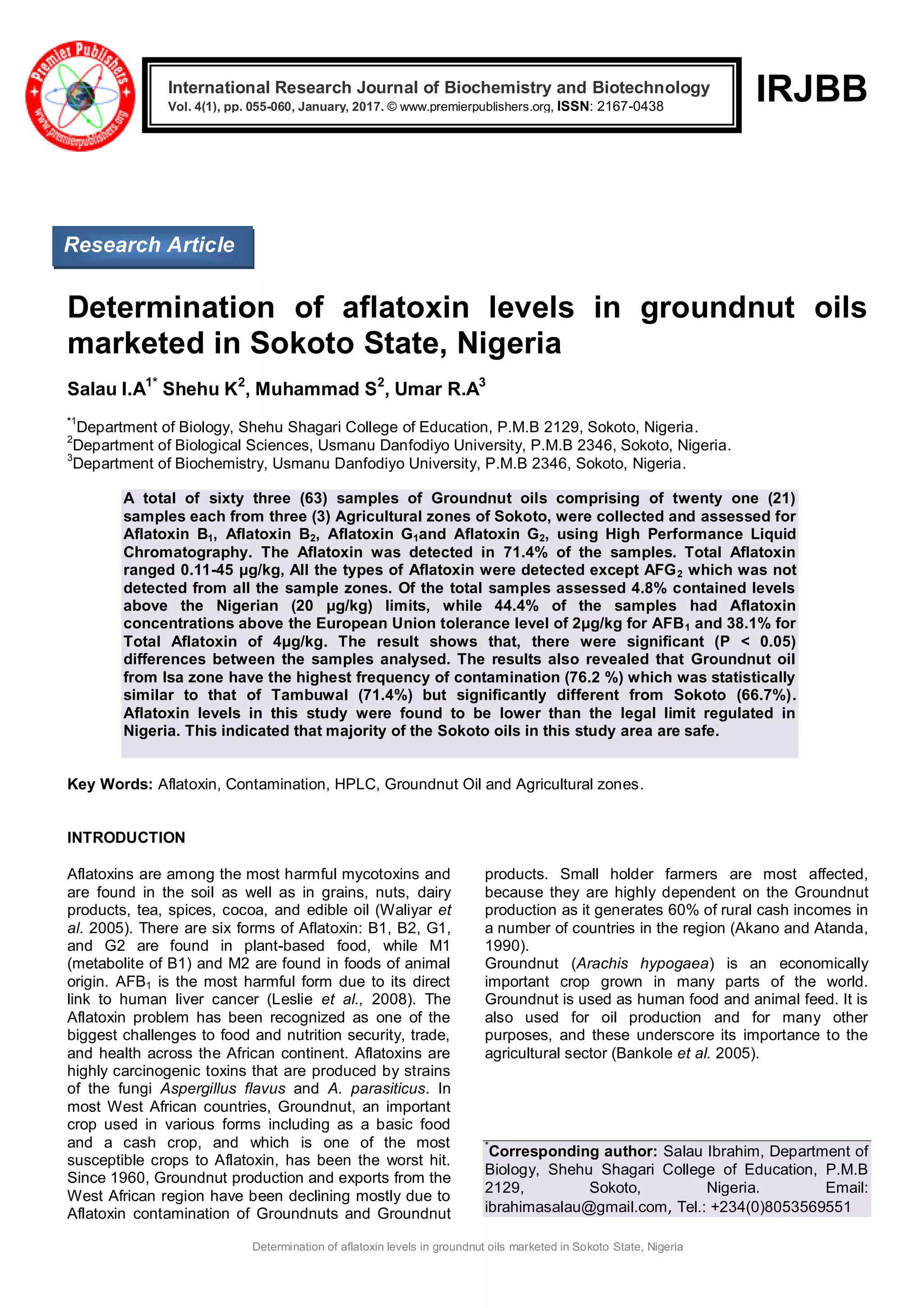 Determination of aflatoxin levels in groundnut oils marketed in Sokoto ...