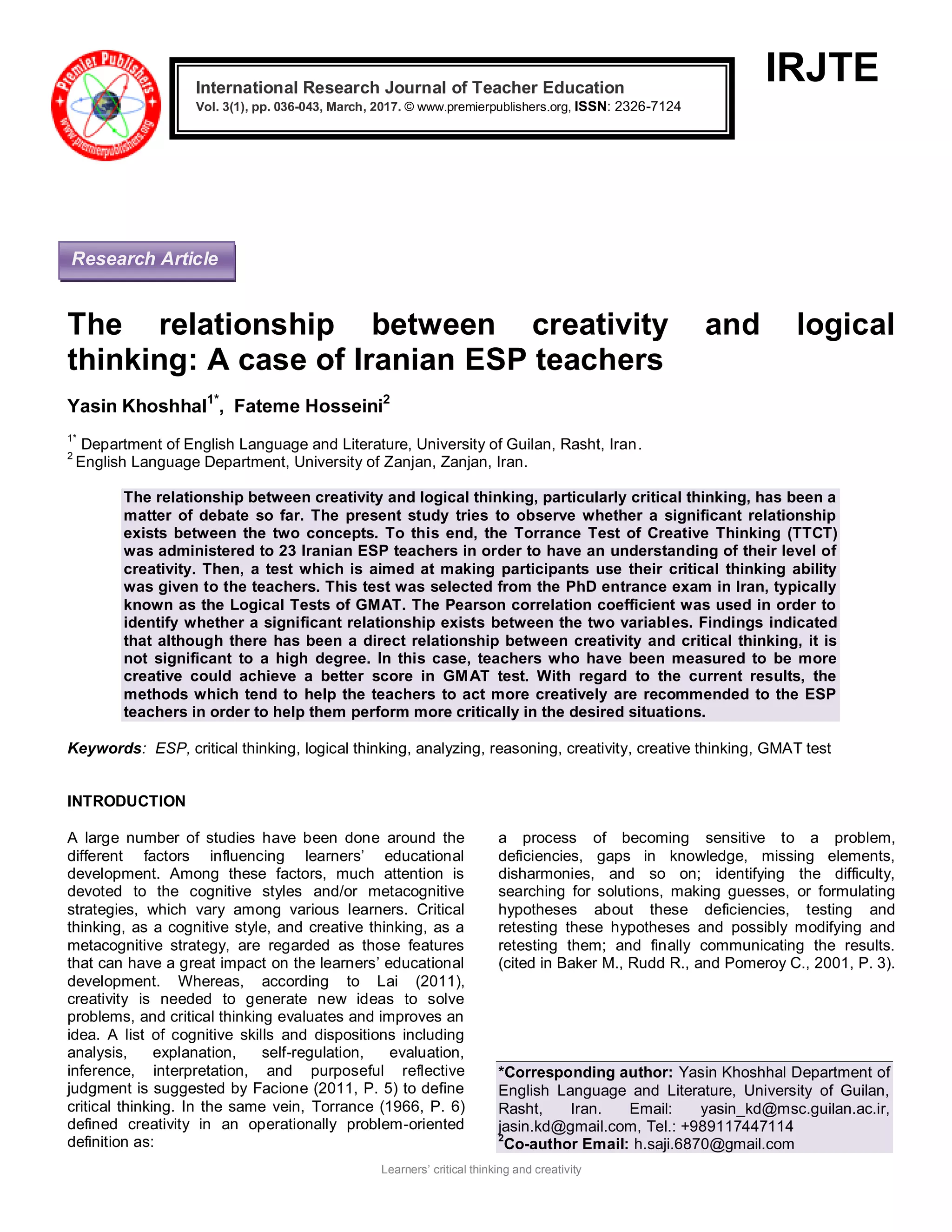 The relationship between creativity and logical thinking: A case of Iranian ESP teachers | PDF