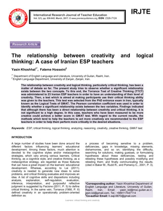 The relationship between creativity and logical thinking: A case of Iranian ESP teachers | PDF