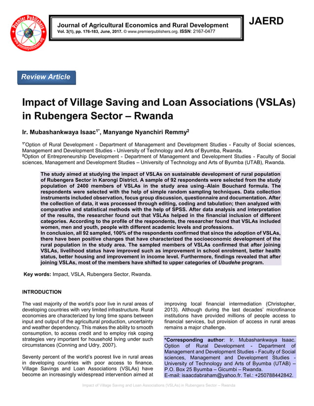 Impact of Village Saving and Loan Associations (VSLAs) in Rubengera ...