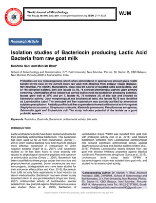 Isolation studies of Bacteriocin producing Lactic Acid Bacteria from raw goat milk | PDF