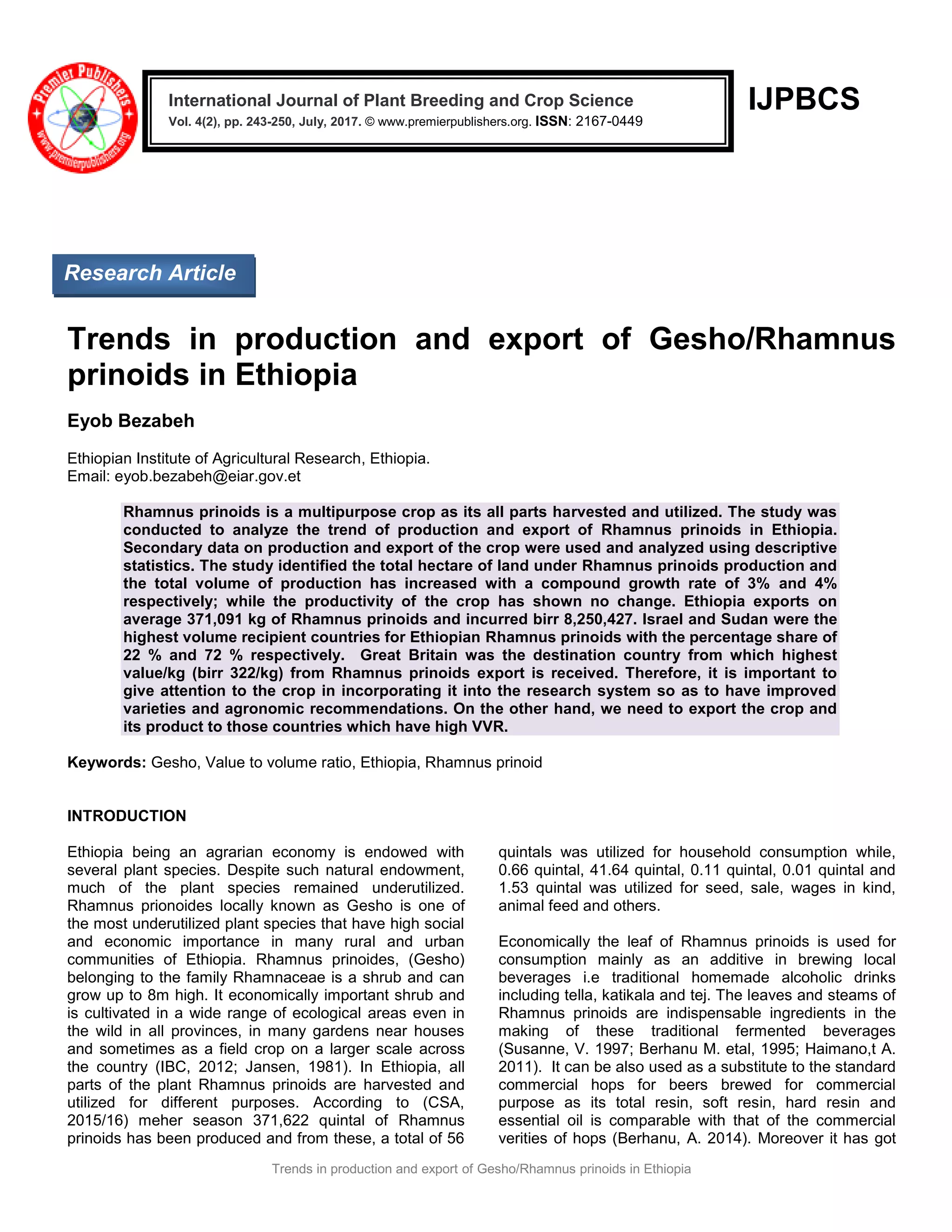 Trends in production and export of Gesho/Rhamnus prinoids in Ethiopia | PDF