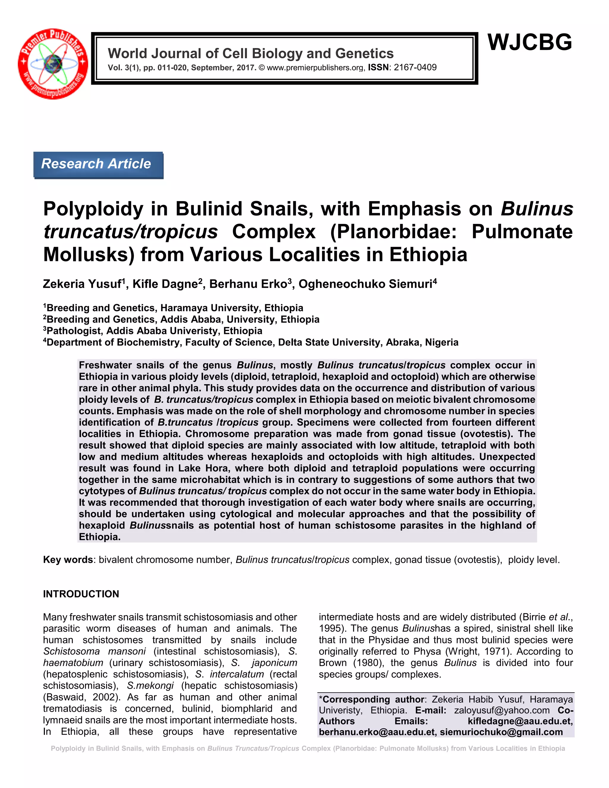 Polyploidy in Bulinid Snails, with Emphasis on Bulinus truncatus ...