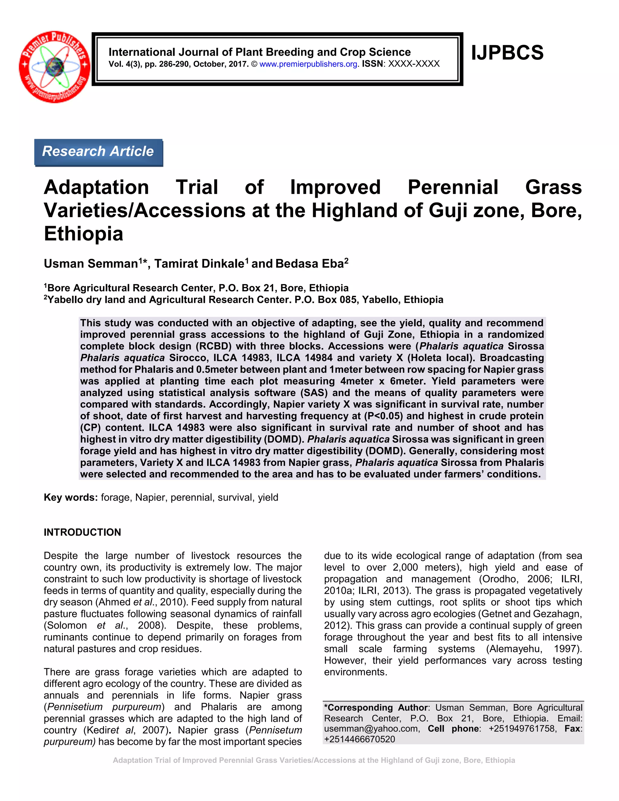 Adaptation Trial of Improved Perennial Grass Varieties/Accessions at ...