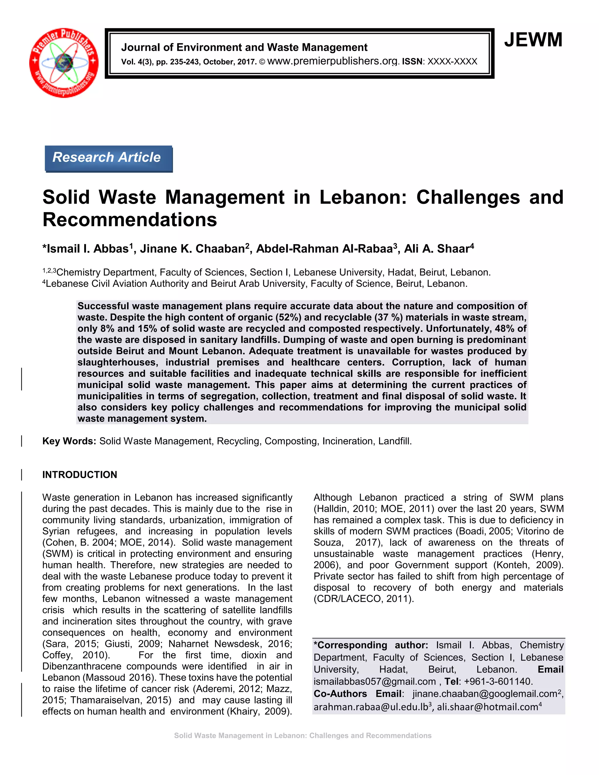 Solid Waste Management in Lebanon: Challenges and Recommendations | PDF
