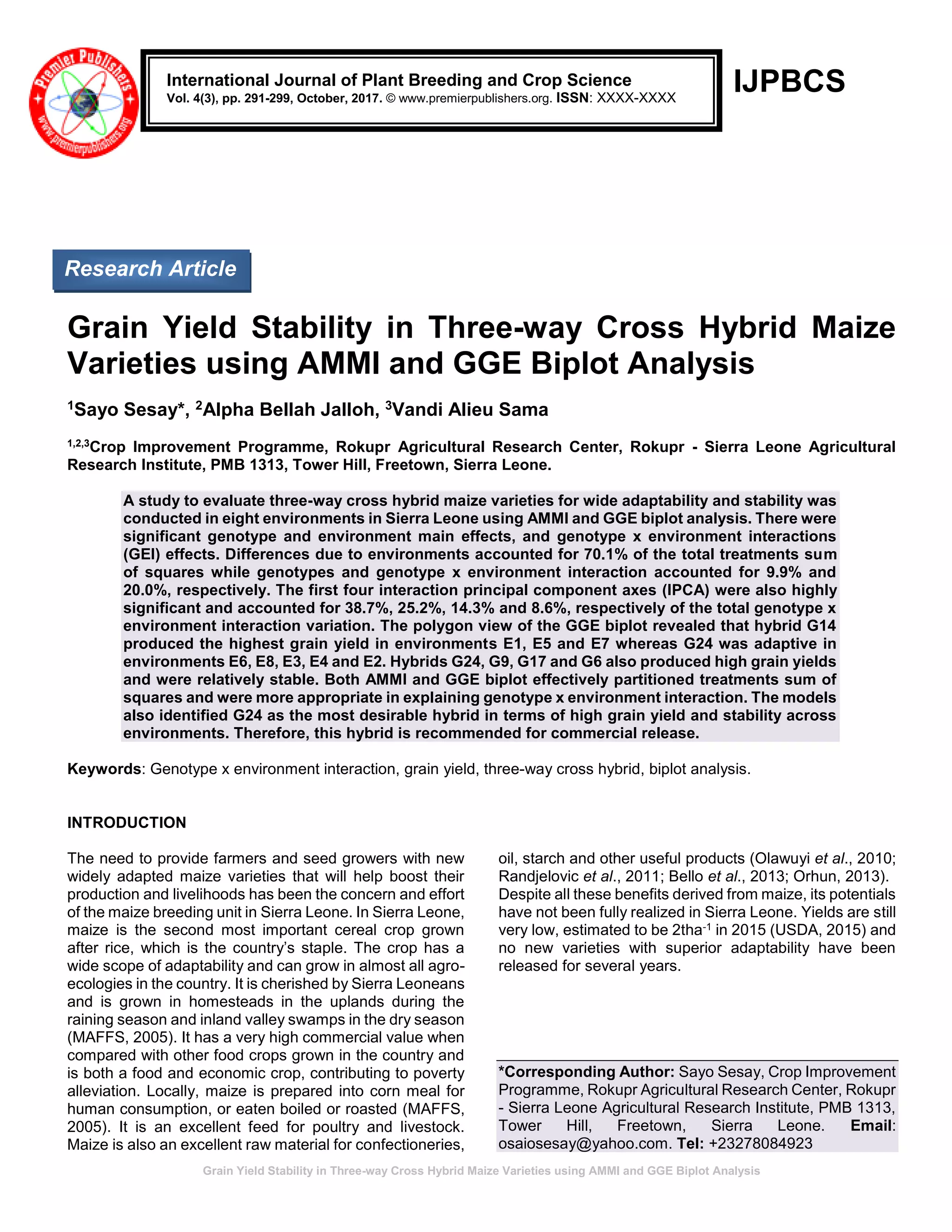 Grain Yield Stability in Three-way Cross Hybrid Maize Varieties using AMMI and GGE Biplot ...