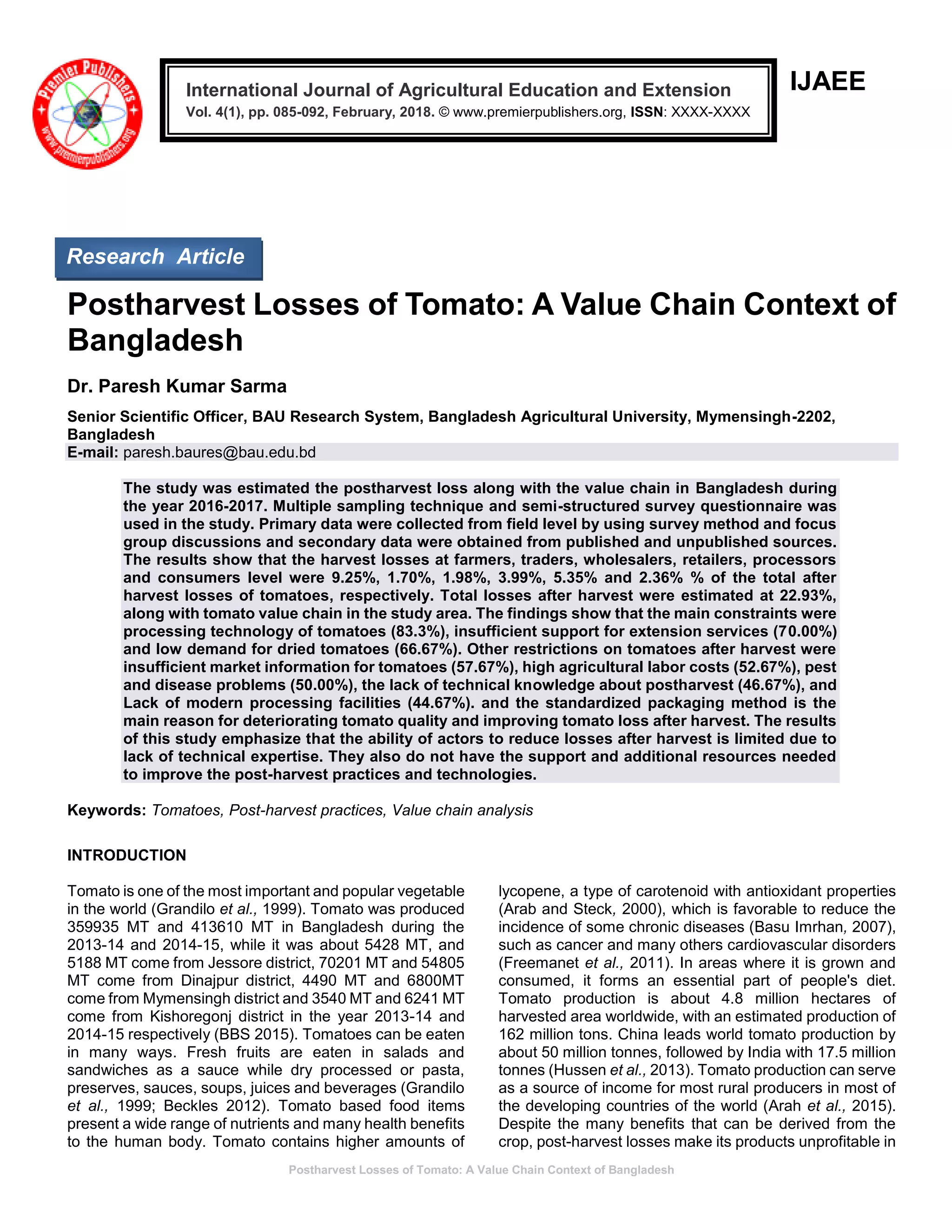 Postharvest Losses of Tomato: A Value Chain Context of Bangladesh | PDF