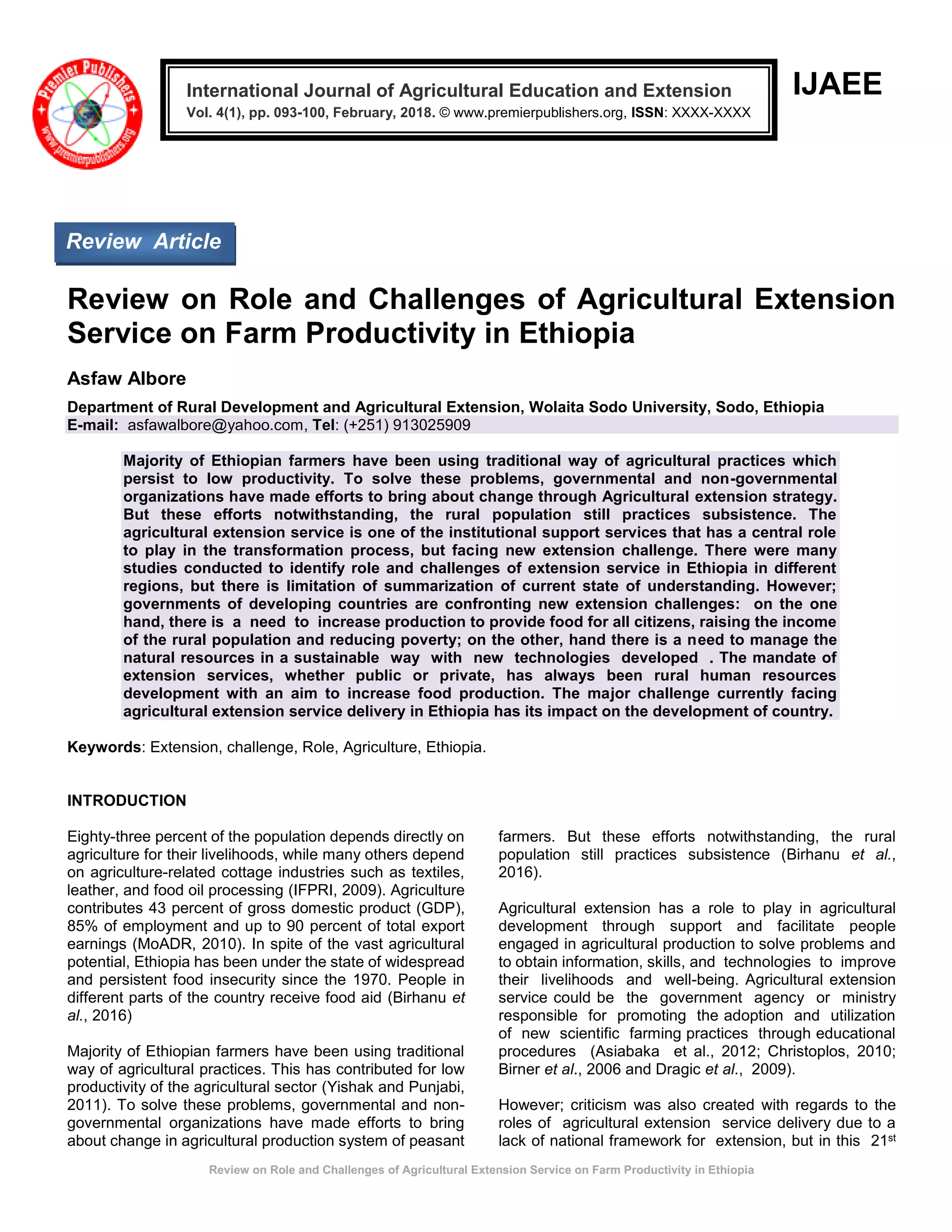 Review on Role and Challenges of Agricultural Extension Service on Farm ...