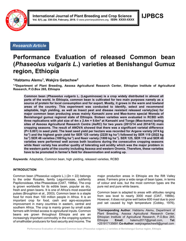 Performance Evaluation of released Common bean (Phaseolus vulgaris L.) varieties at Benishangul ...