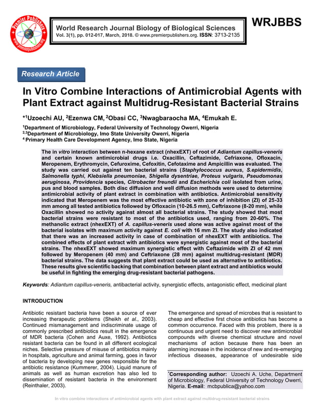 In Vitro Combine Interactions of Antimicrobial Agents with Plant Extract against Multidrug ...