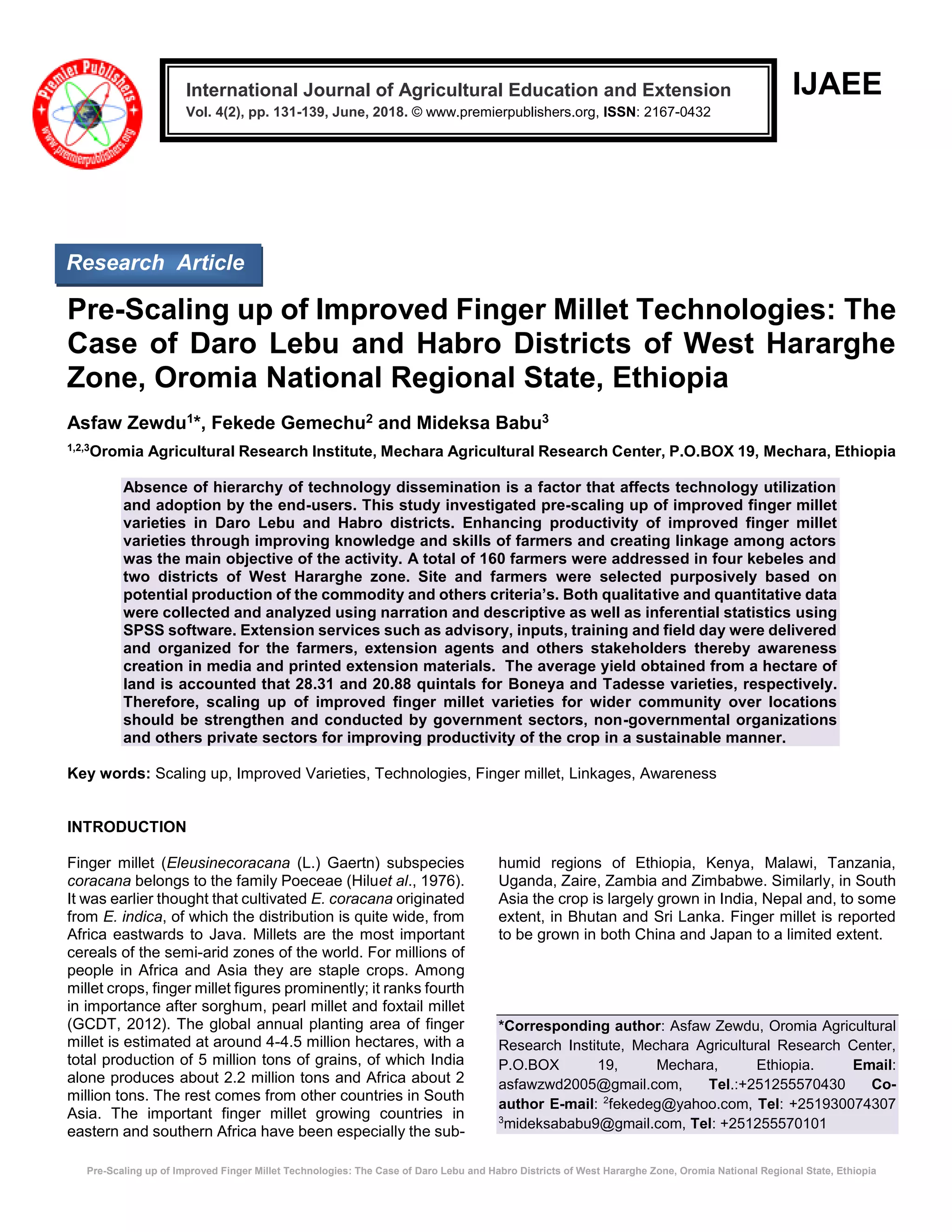 Pre-Scaling up of Improved Finger Millet Technologies: The Case of Daro ...