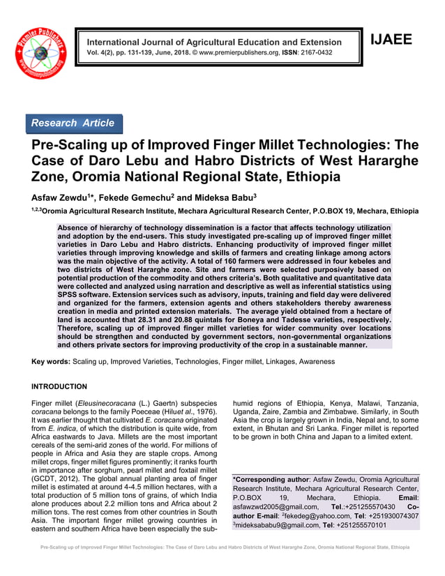 Pre-Scaling up of Improved Finger Millet Technologies: The Case of Daro Lebu and Habro Districts ...