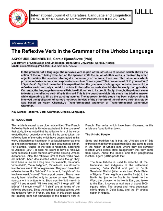 The Reflexive Verb in the Grammar of the Urhobo Language | PDF | Africa ...
