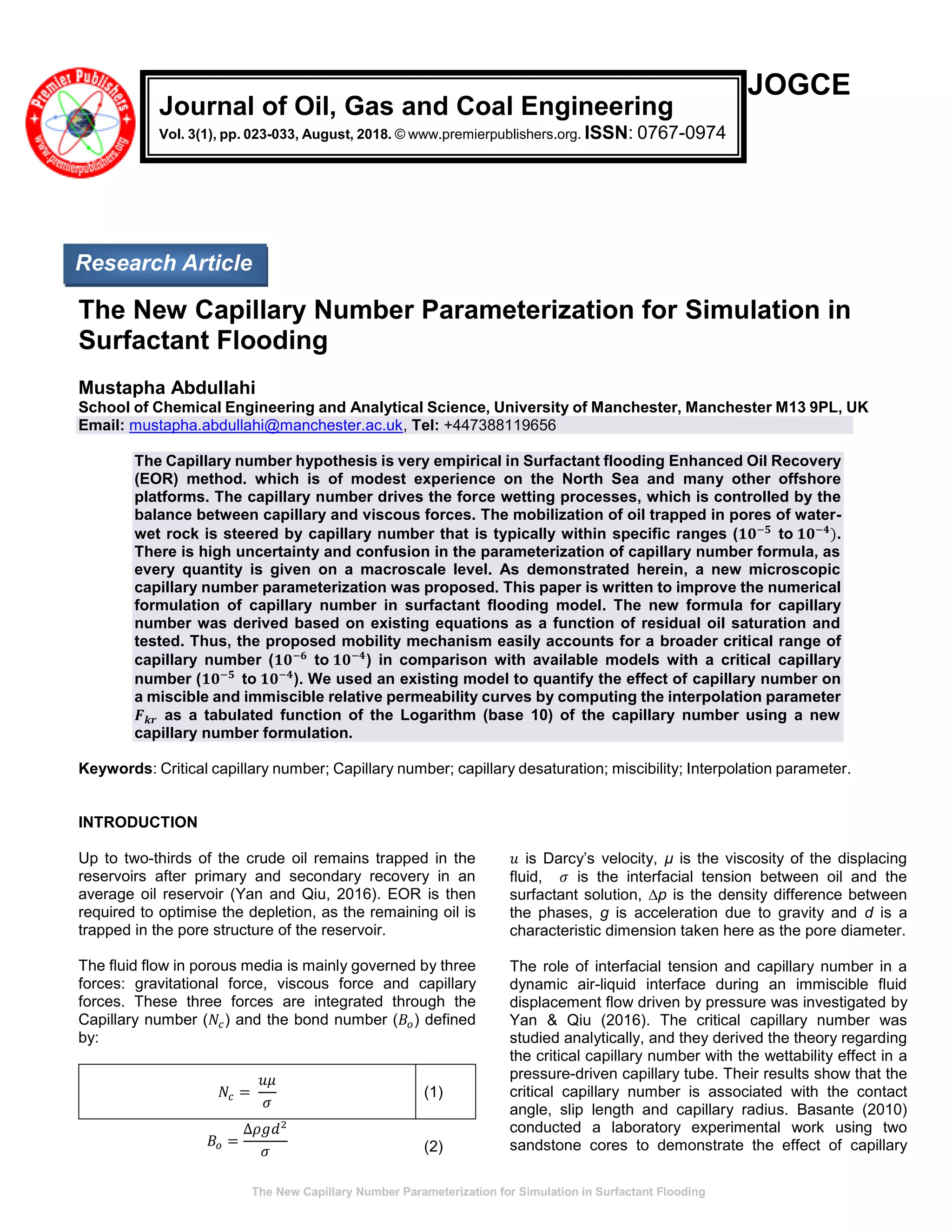 The New Capillary Number Parameterization for Simulation in Surfactant Flooding | PDF