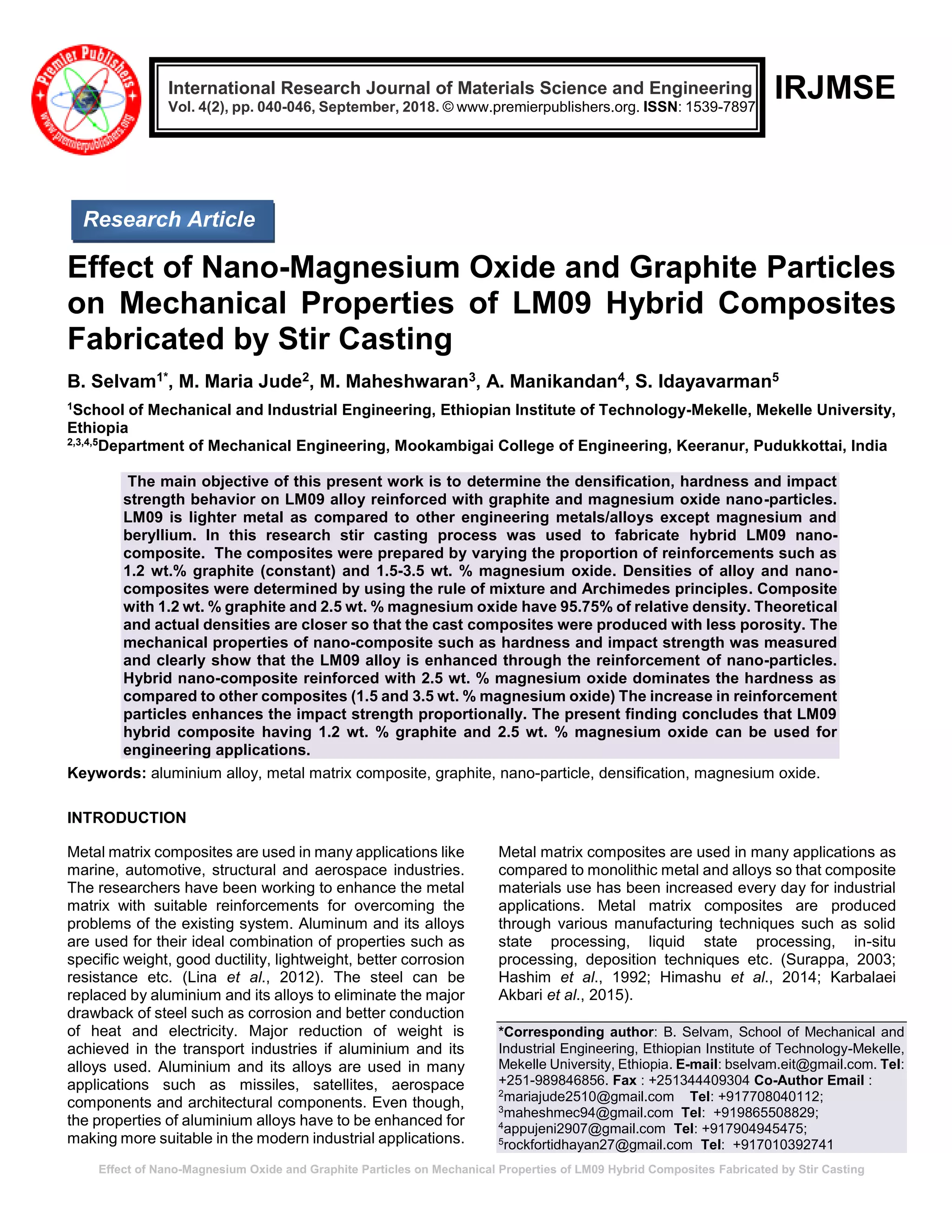 Effect of Nano-Magnesium Oxide and Graphite Particles on Mechanical Properties of LM09 Hybrid ...