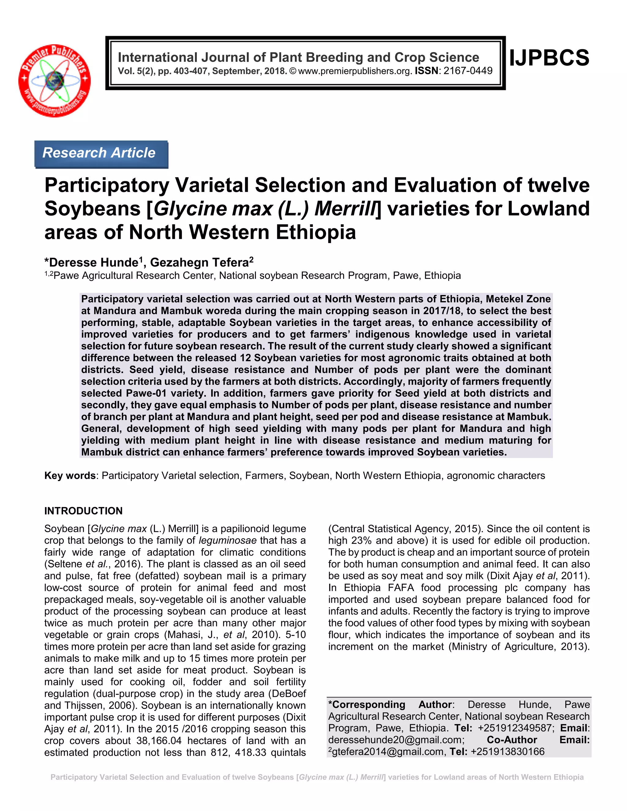 Participatory Varietal Selection and Evaluation of twelve Soybeans [Glycine max (L.) Merrill ...