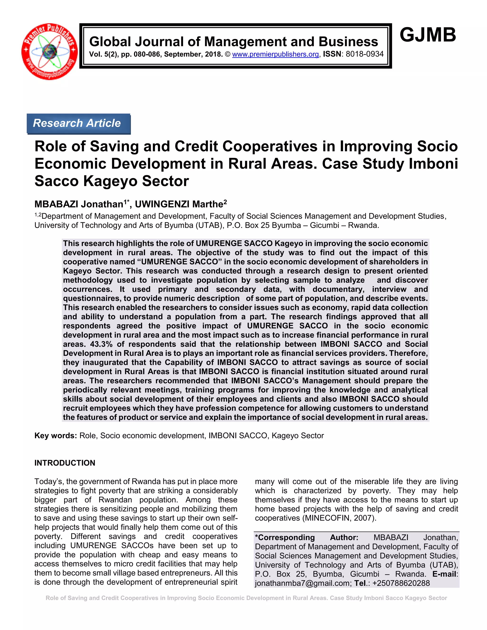 Role of Saving and Credit Cooperatives in Improving Socio Economic ...