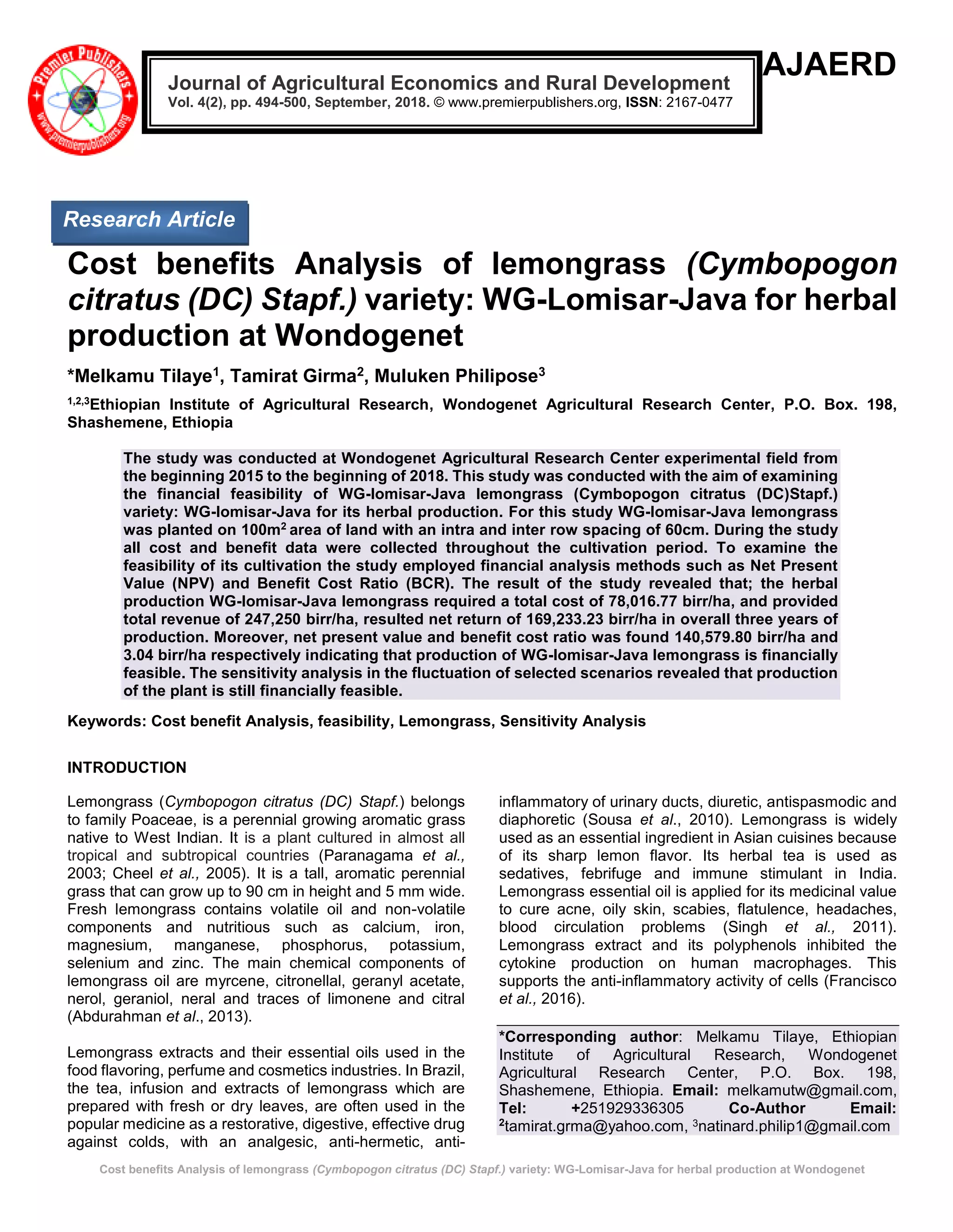Cost benefits Analysis of lemongrass (Cymbopogon citratus (DC) Stapf.) variety: WG-Lomisar-Java ...