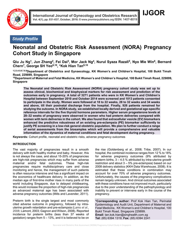Neonatal and Obstetric Risk Assessment (NORA) Pregnancy Cohort Study in ...