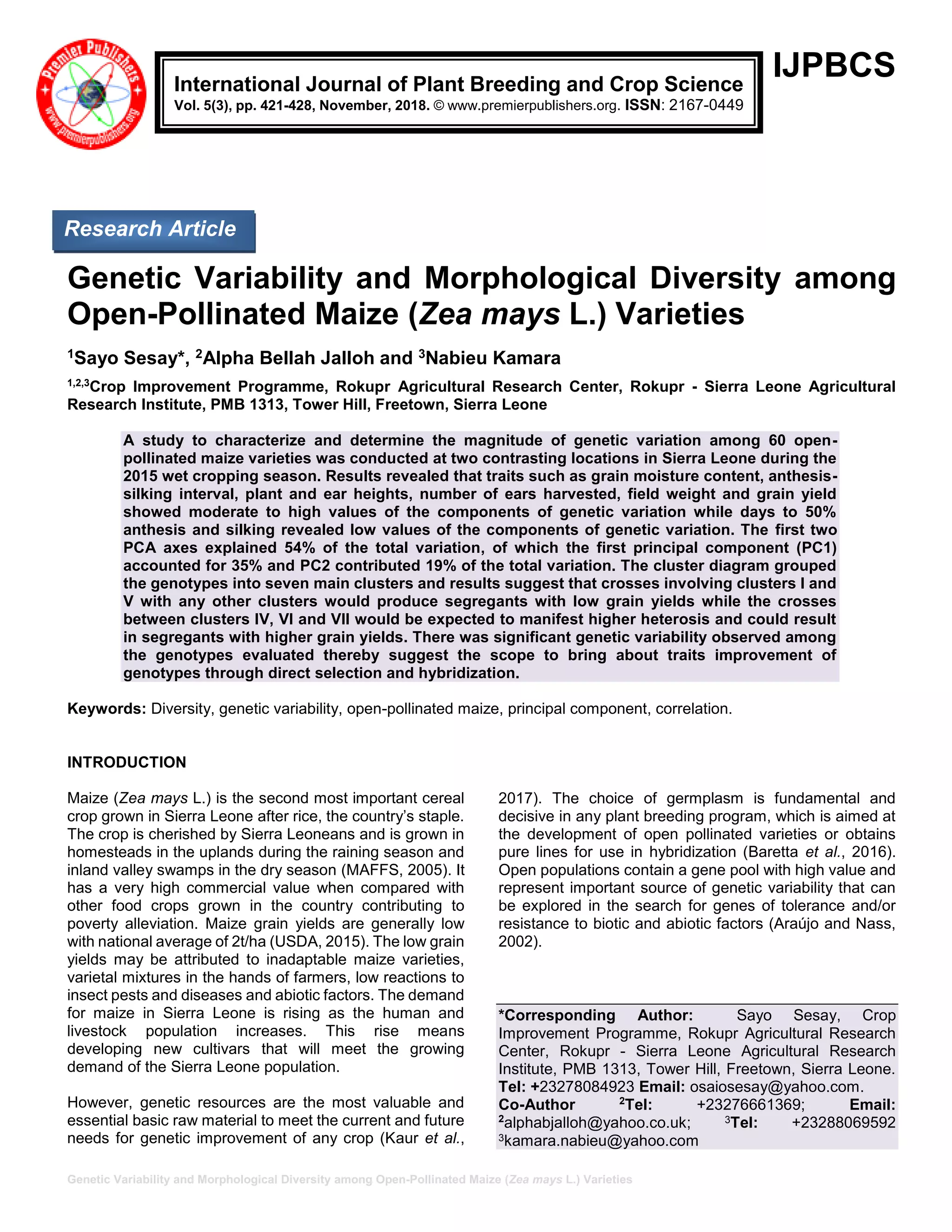 Genetic Variability and Morphological Diversity among Open-Pollinated ...