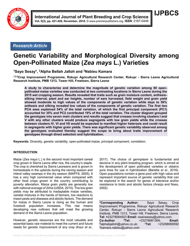 Genetic Variability and Morphological Diversity among Open-Pollinated Maize (Zea mays L ...