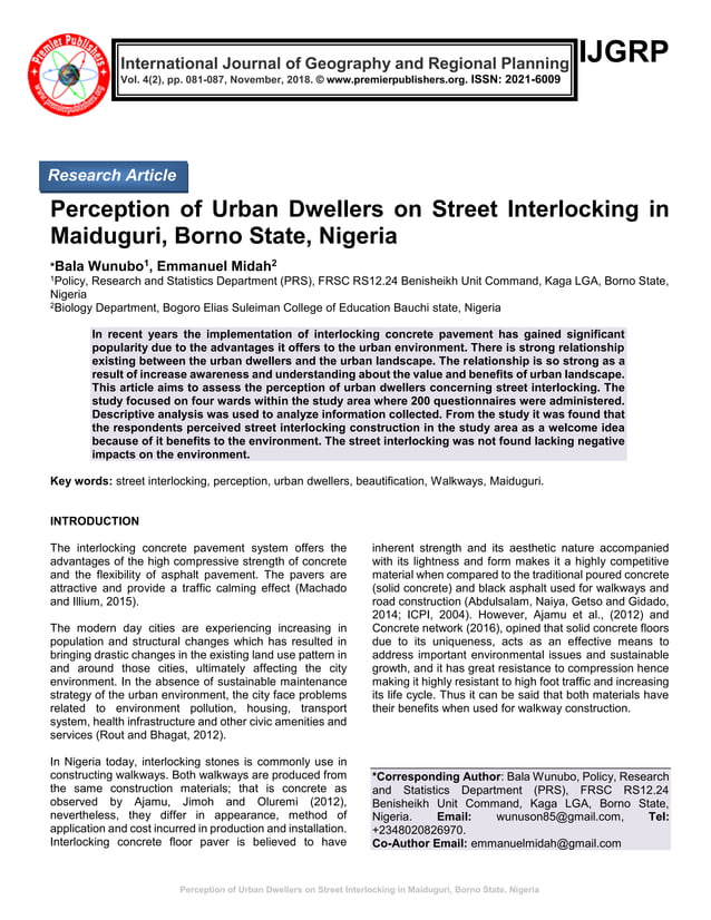 Perception of Urban Dwellers on Street Interlocking in Maiduguri, Borno ...